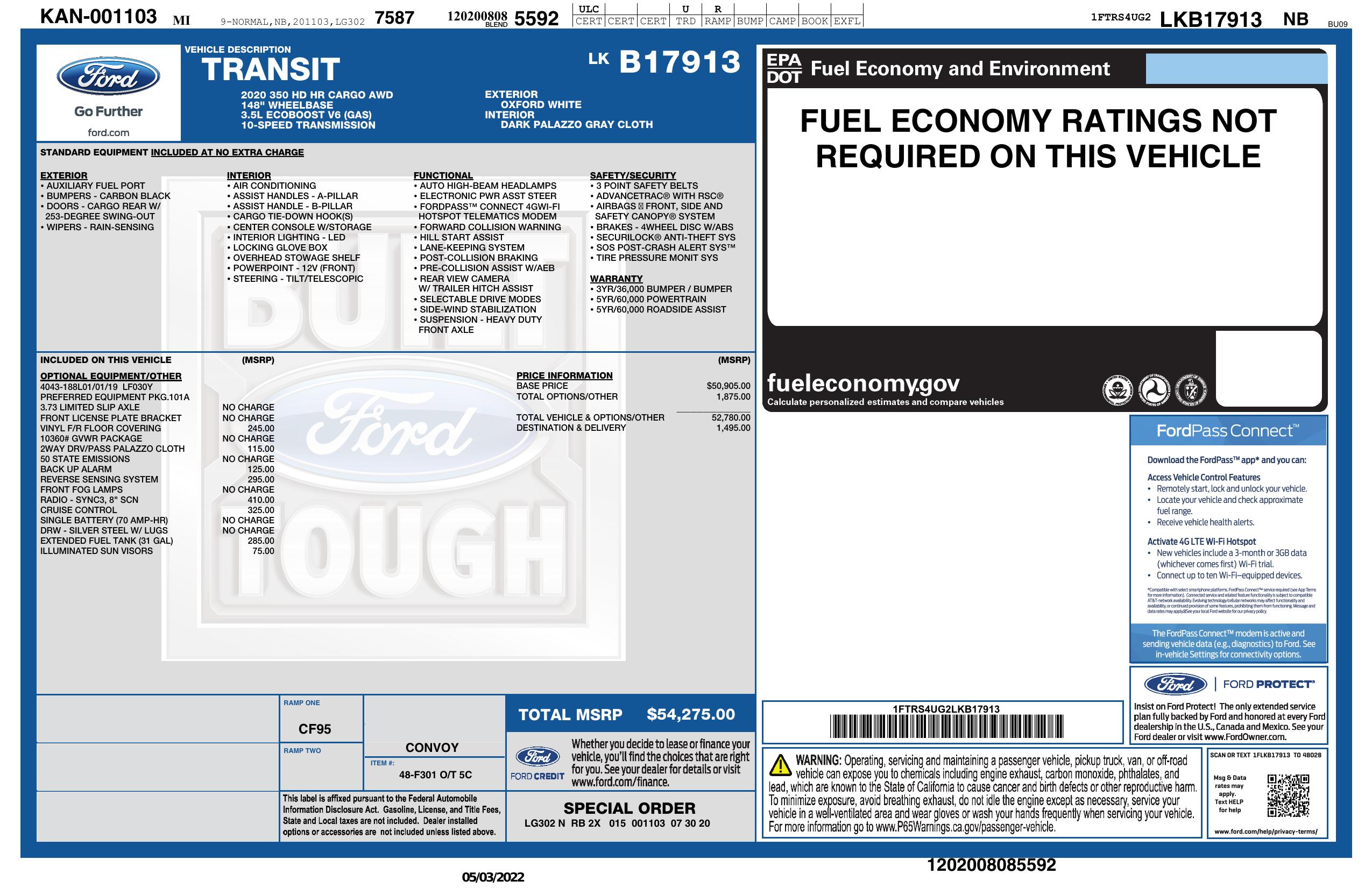 Window Sticker for 2020 Ford Transit Cargo Van T 350 Hd 148" El Hi Rf ...