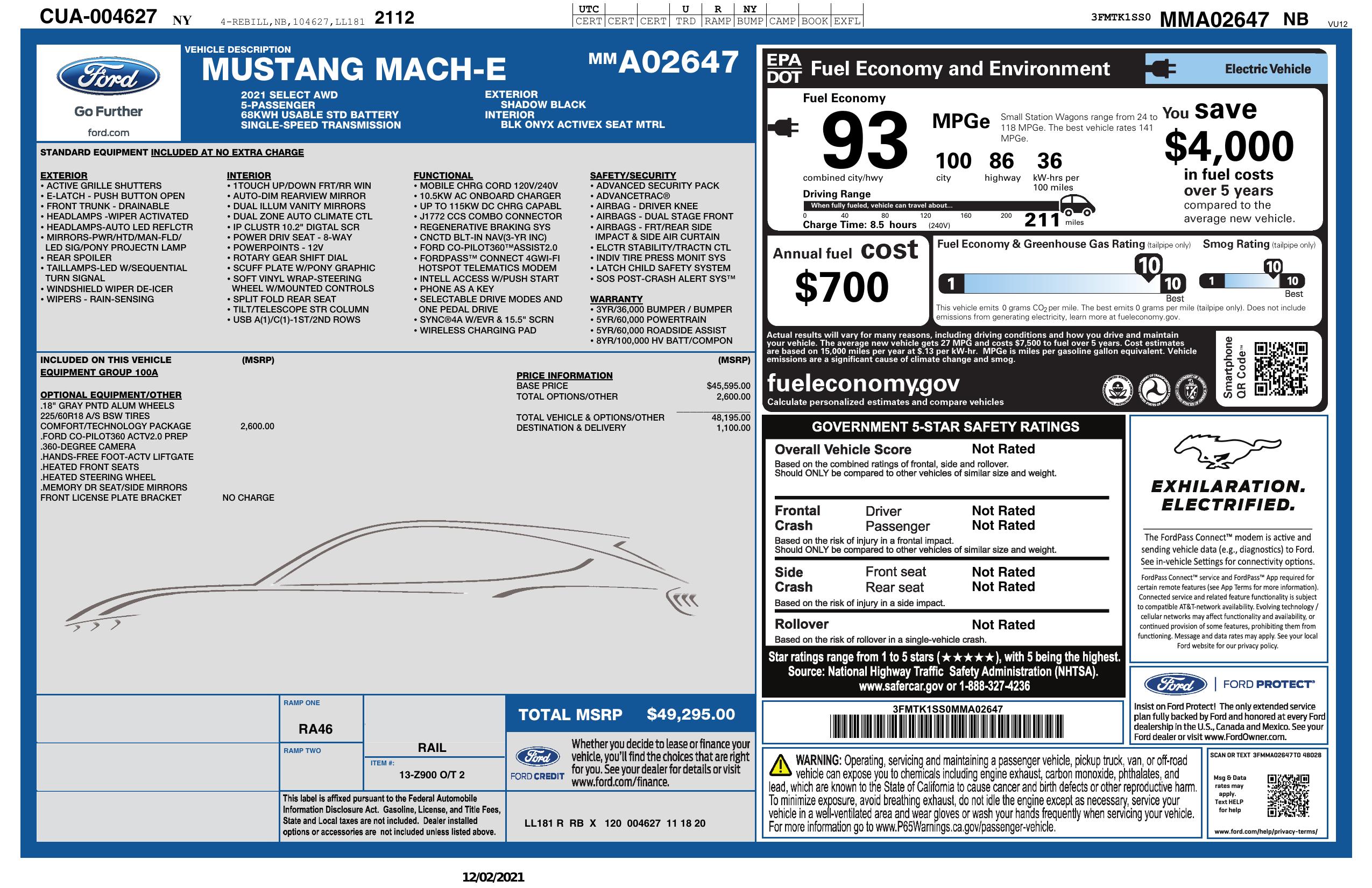 Window Sticker for 2021 Ford Mustang Mach E Select Awd