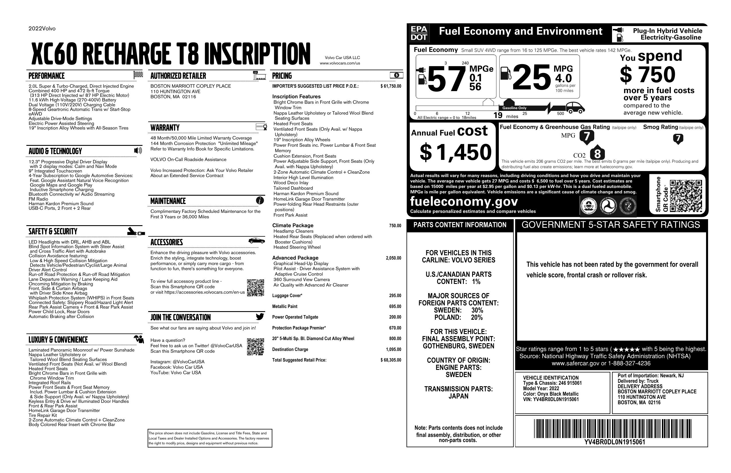 Window Sticker for 2022 Volvo Xc60 Recharge T8 E Awd Phev Inscription