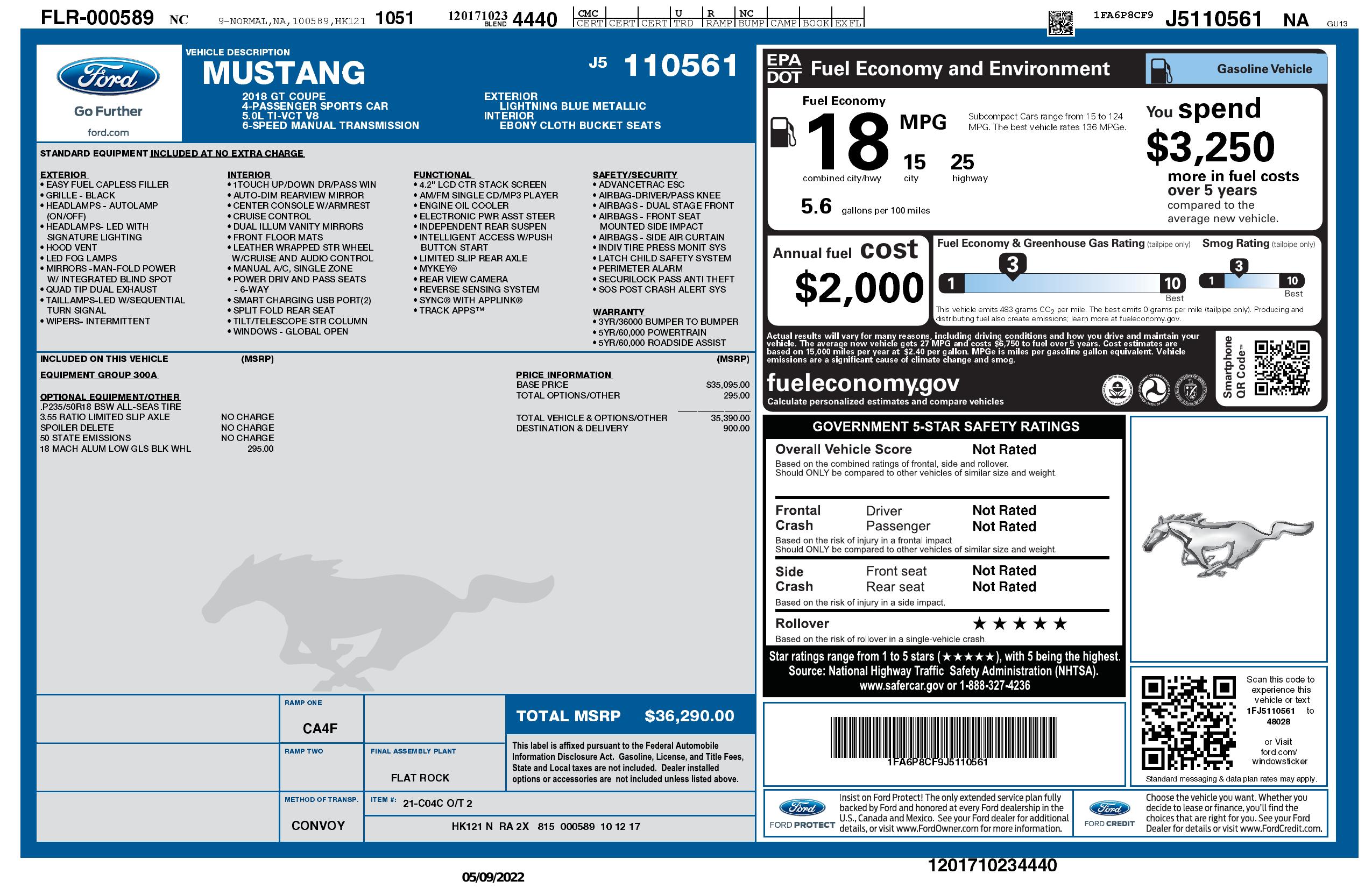 Window Sticker for 2018 Ford Mustang Gt Fastback