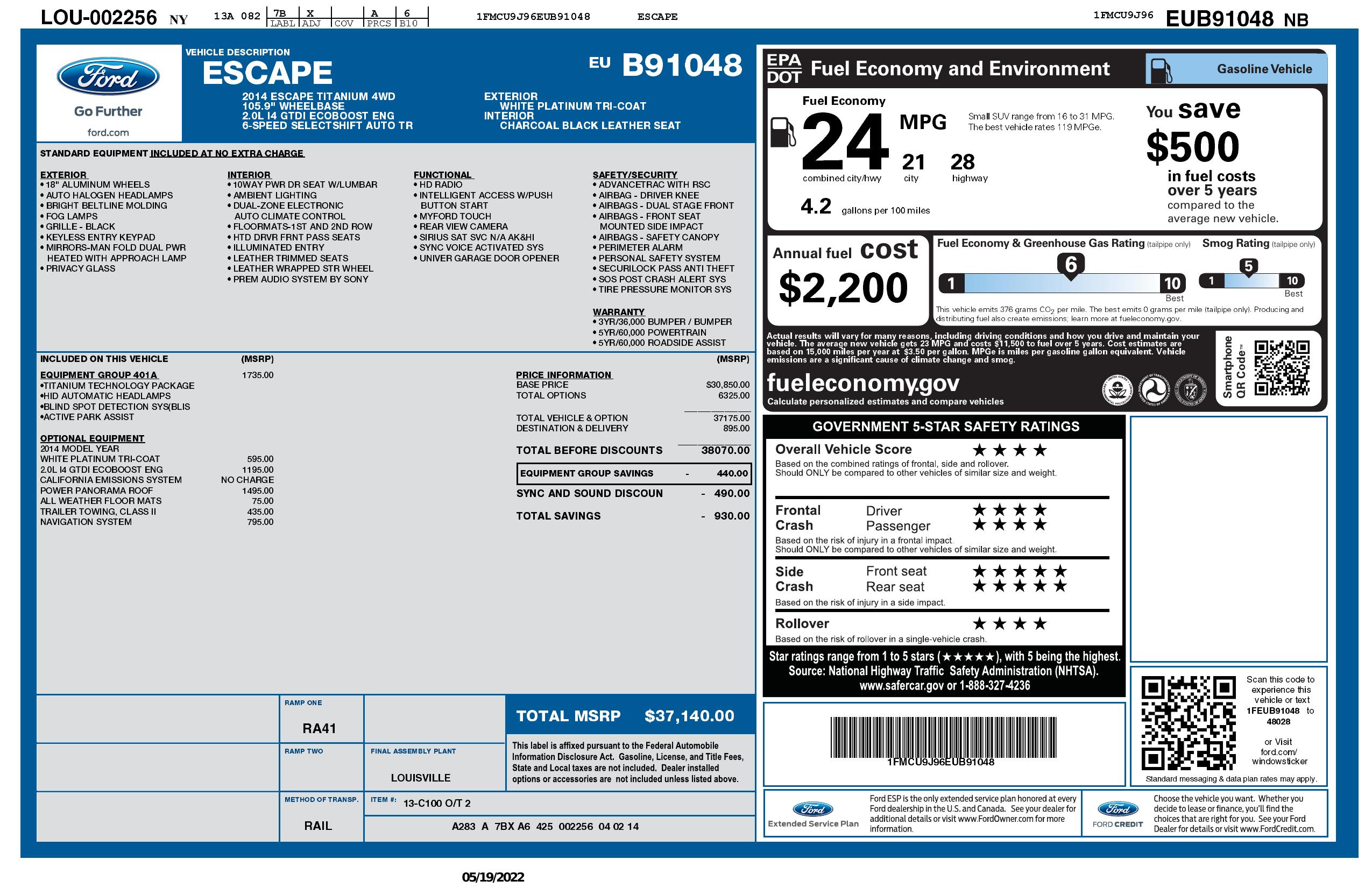 Window Sticker for 2014 Ford Escape 4 Wd 4dr Titanium
