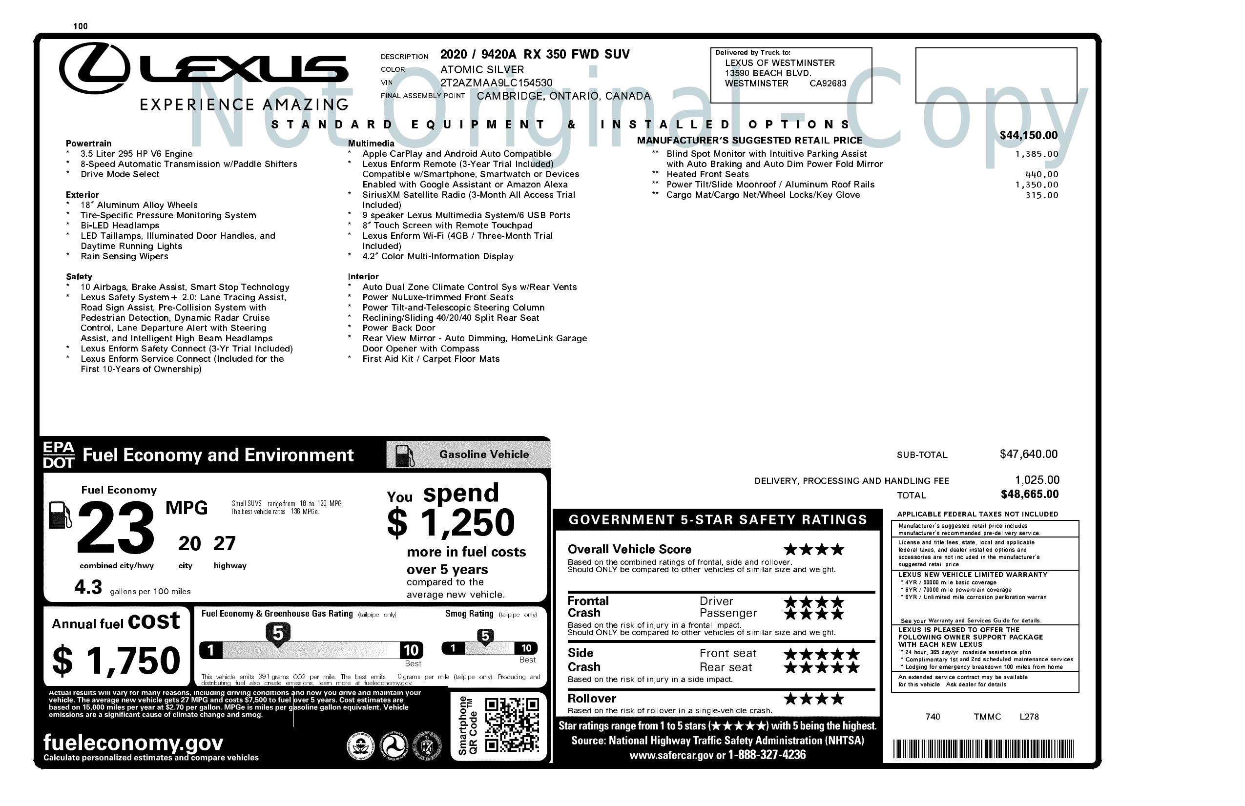 Window Sticker for 2020 Lexus Rx Rx 350 Fwd