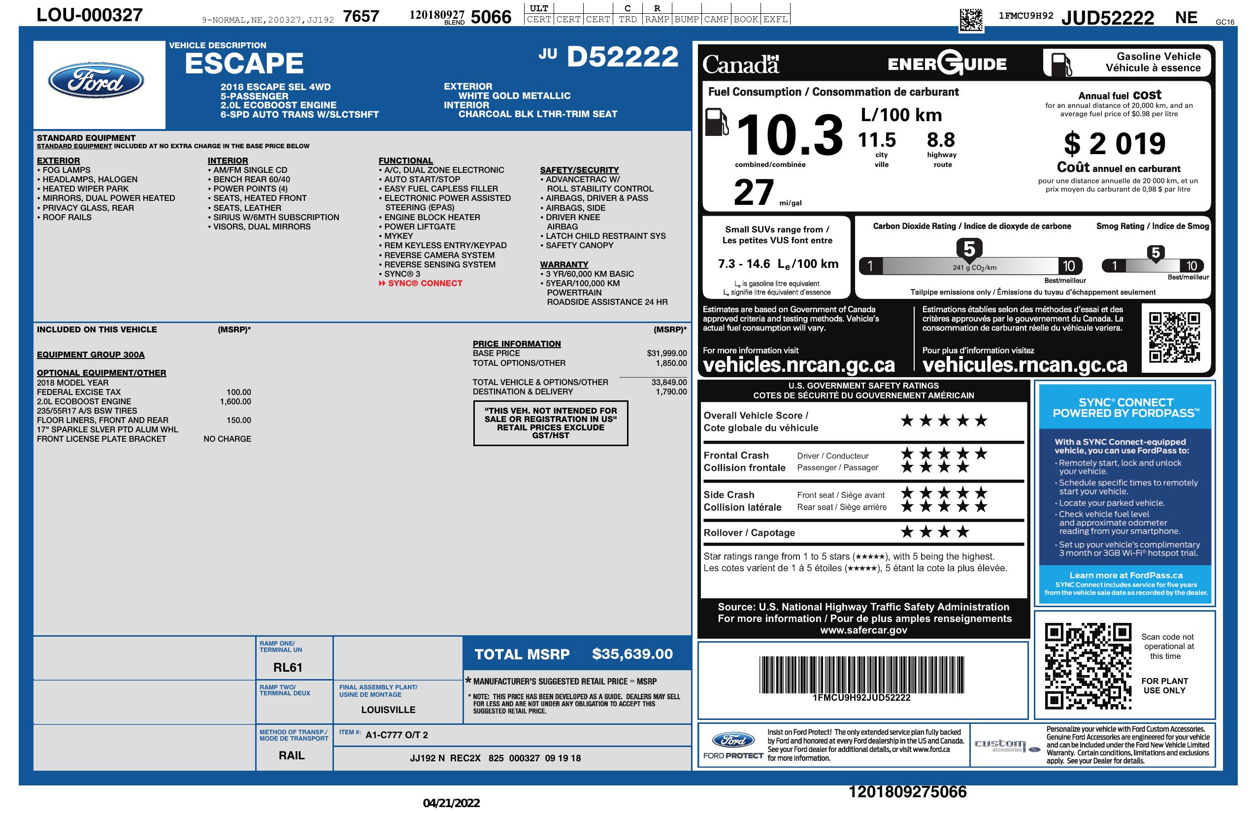 Window Sticker for 2018 Ford Escape Sel 4 Wd