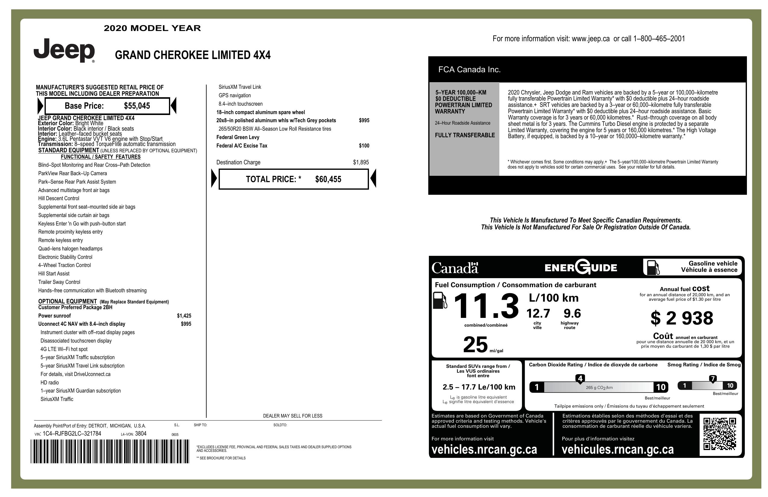 Window Sticker for 2020 Jeep Grand Cherokee Limited 4x4