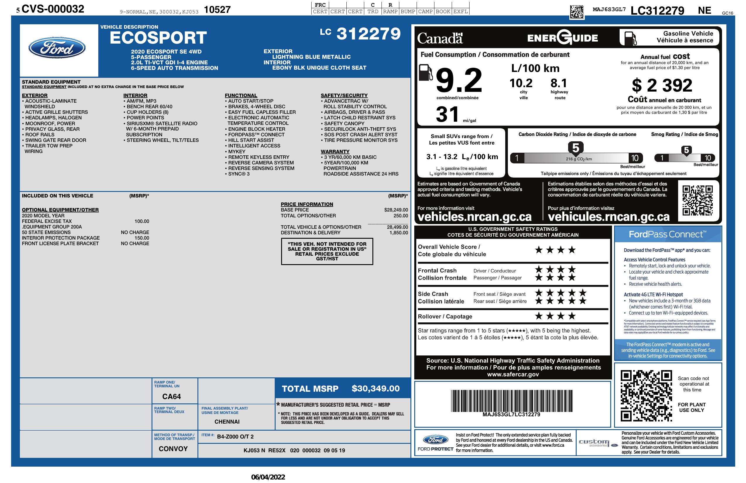 Window Sticker for 2020 Ford Eco Sport Se 4 Wd