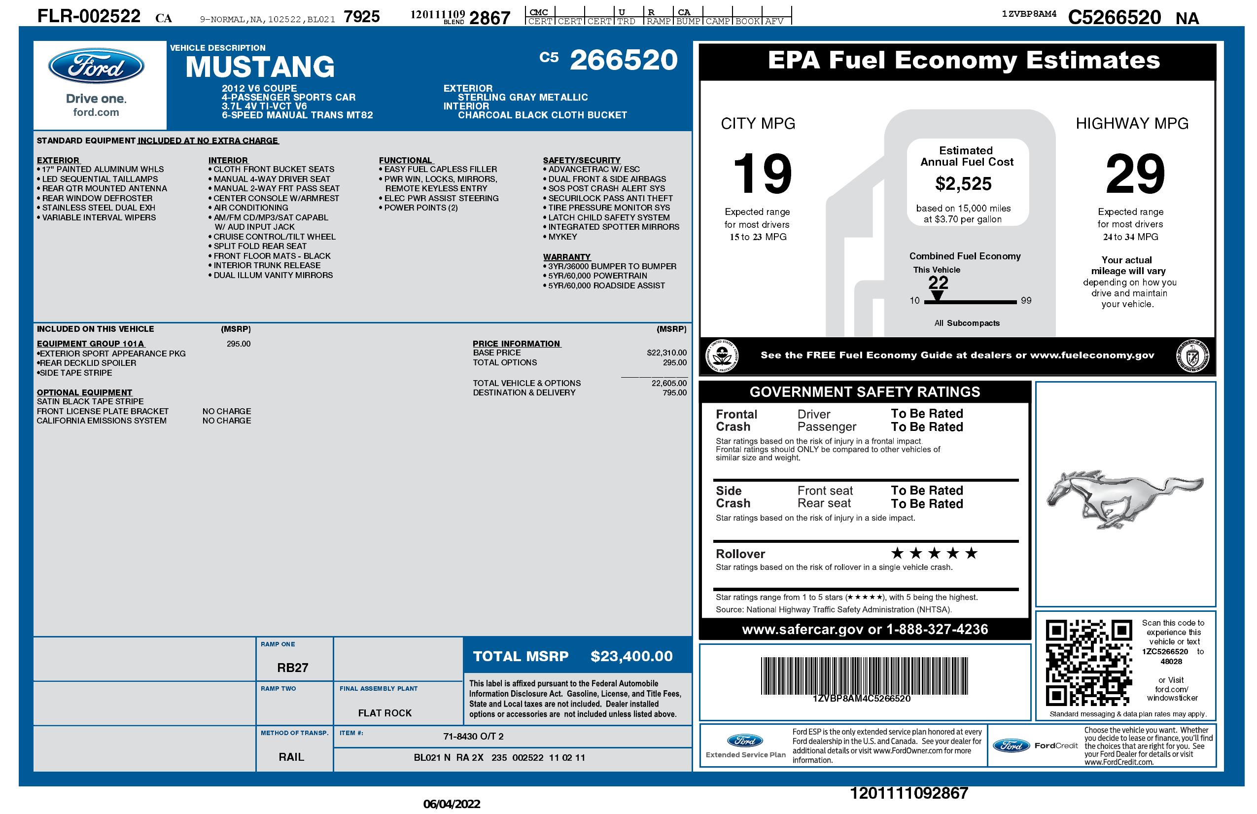 Window Sticker for 2012 Ford Mustang 2dr Cpe V6