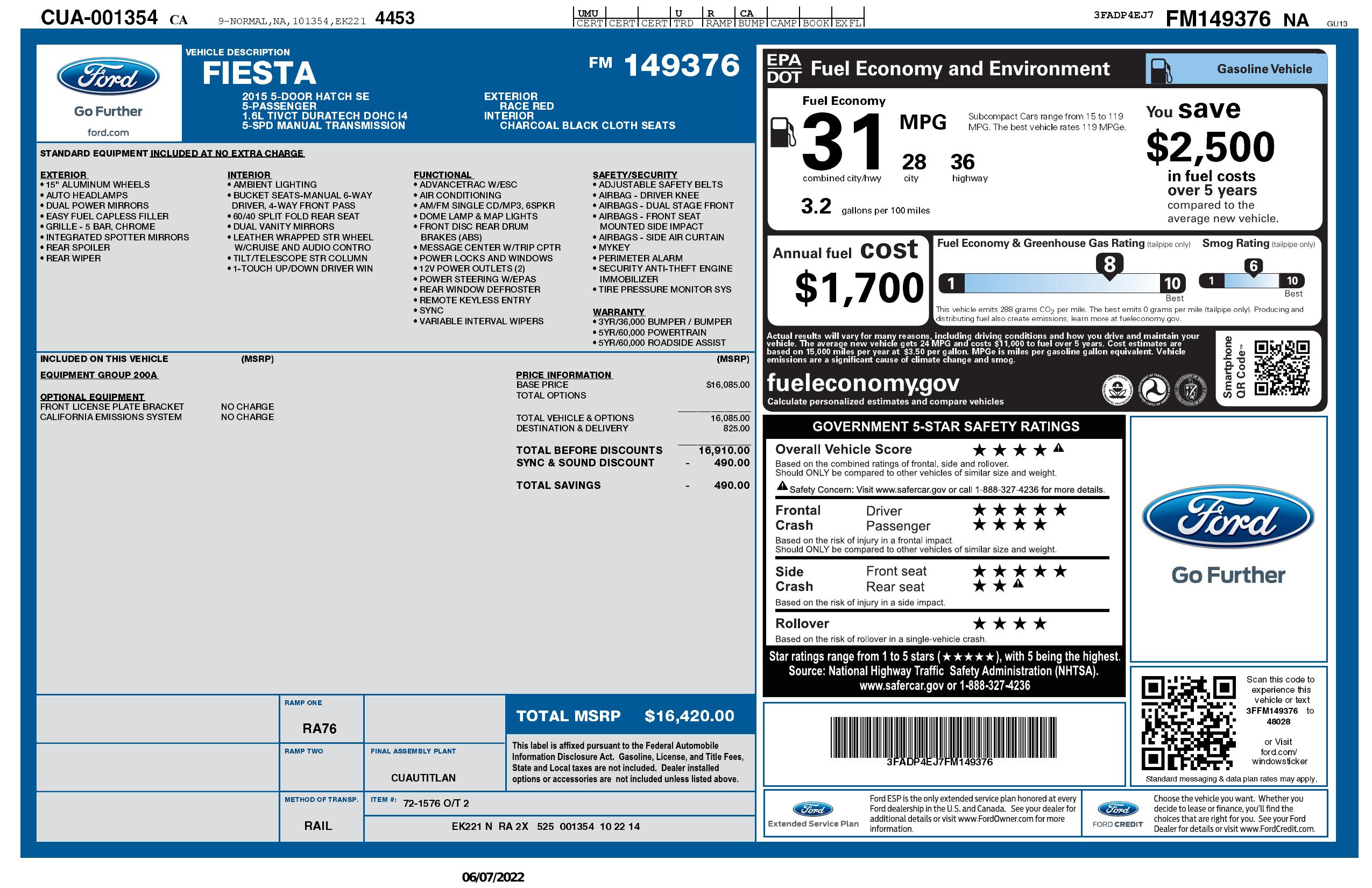 Window Sticker for 2015 Ford Fiesta 5dr Hb Se