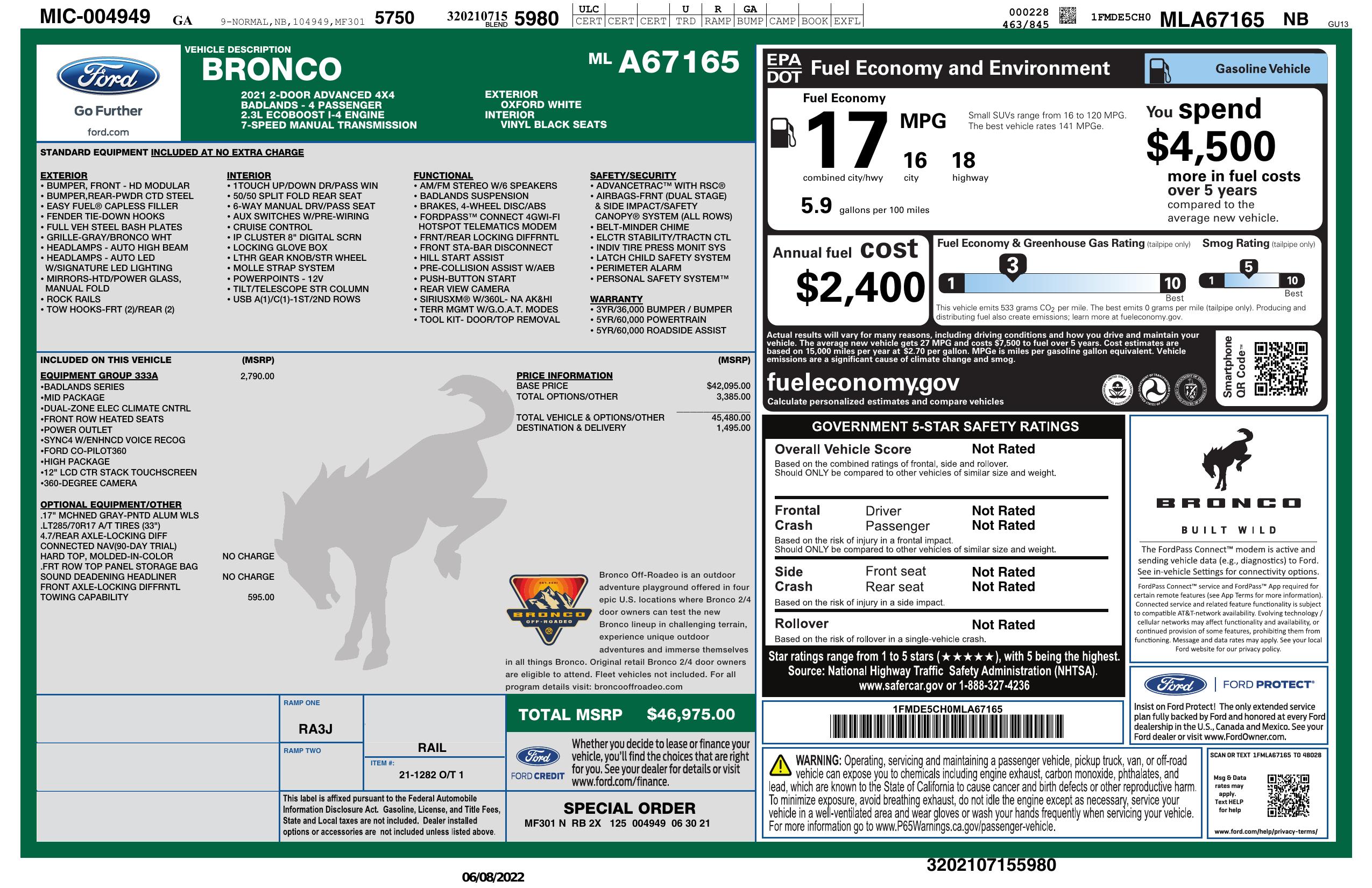 Window Sticker for 2021 Ford Bronco 2 Door Advanced 4x4