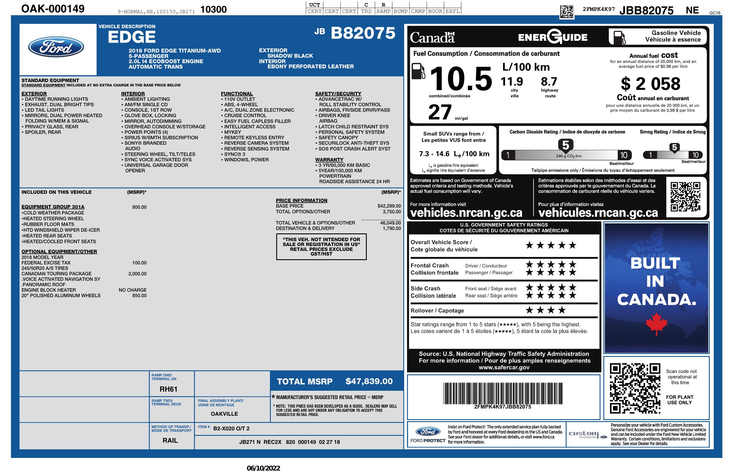 Window Sticker for 2018 Ford Edge Titanium Awd