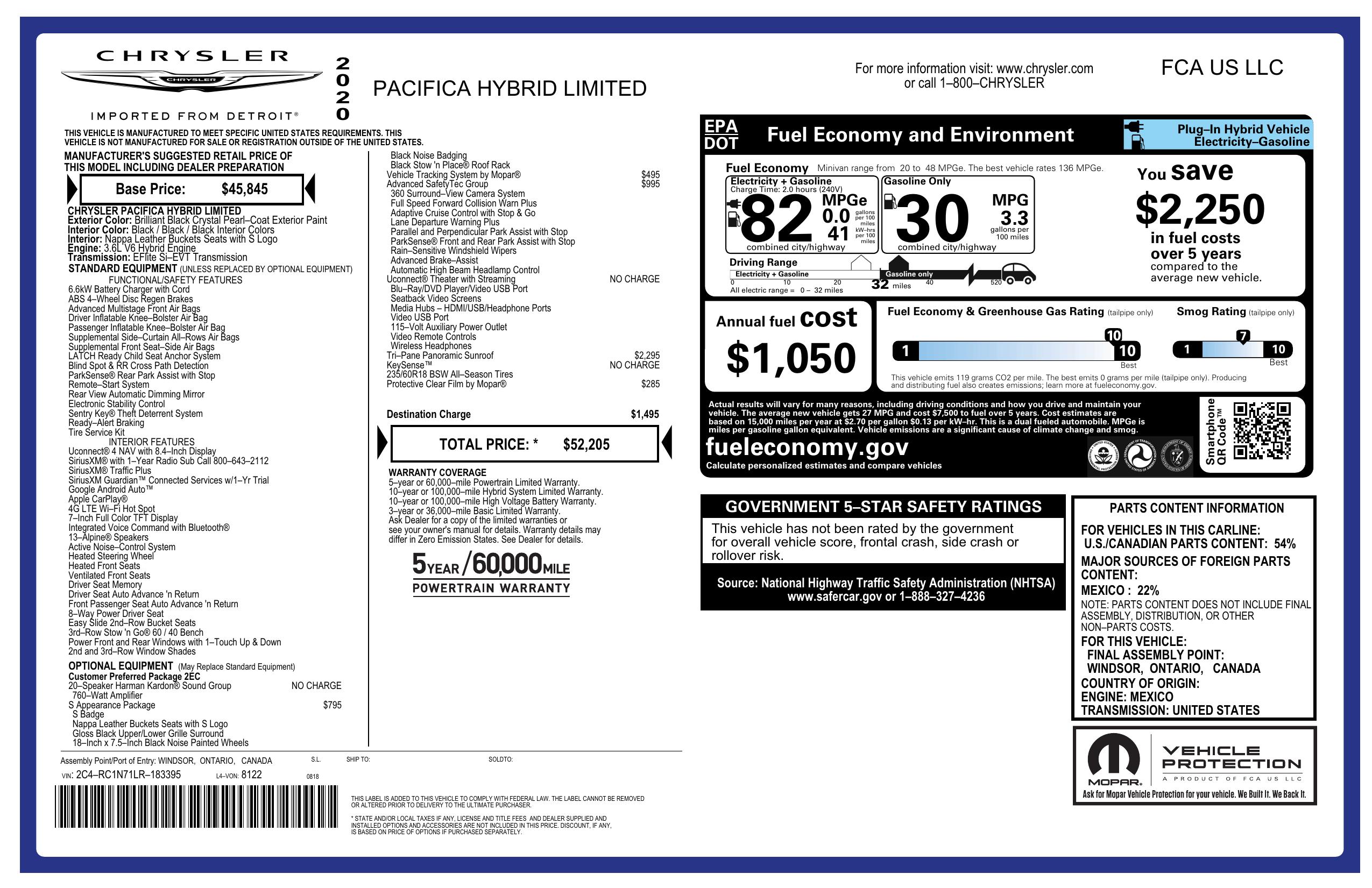 Window Sticker for 2020 Chrysler Pacifica Hybrid Limited Fwd