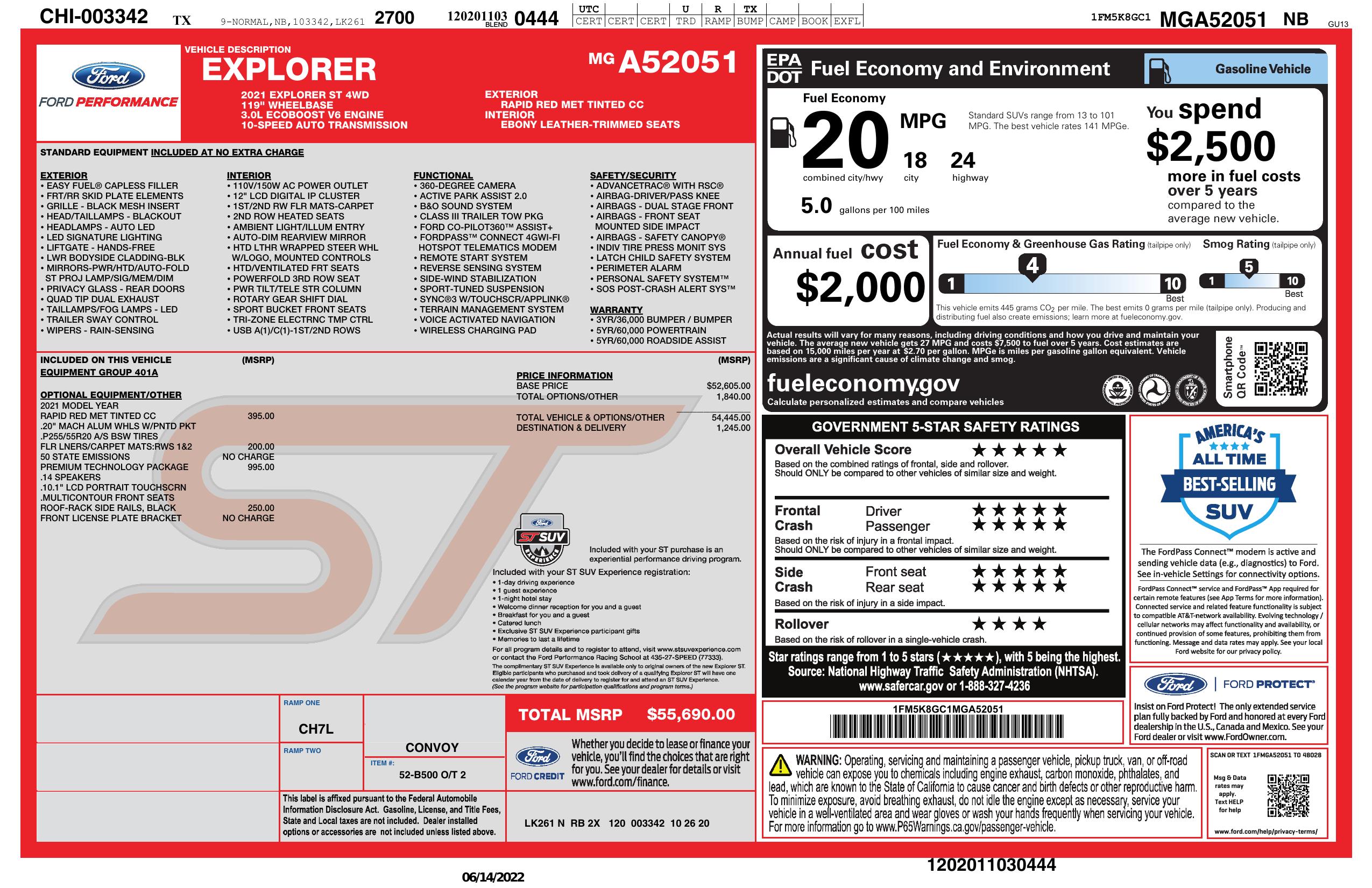 Window Sticker for 2021 Ford Explorer St 4 Wd