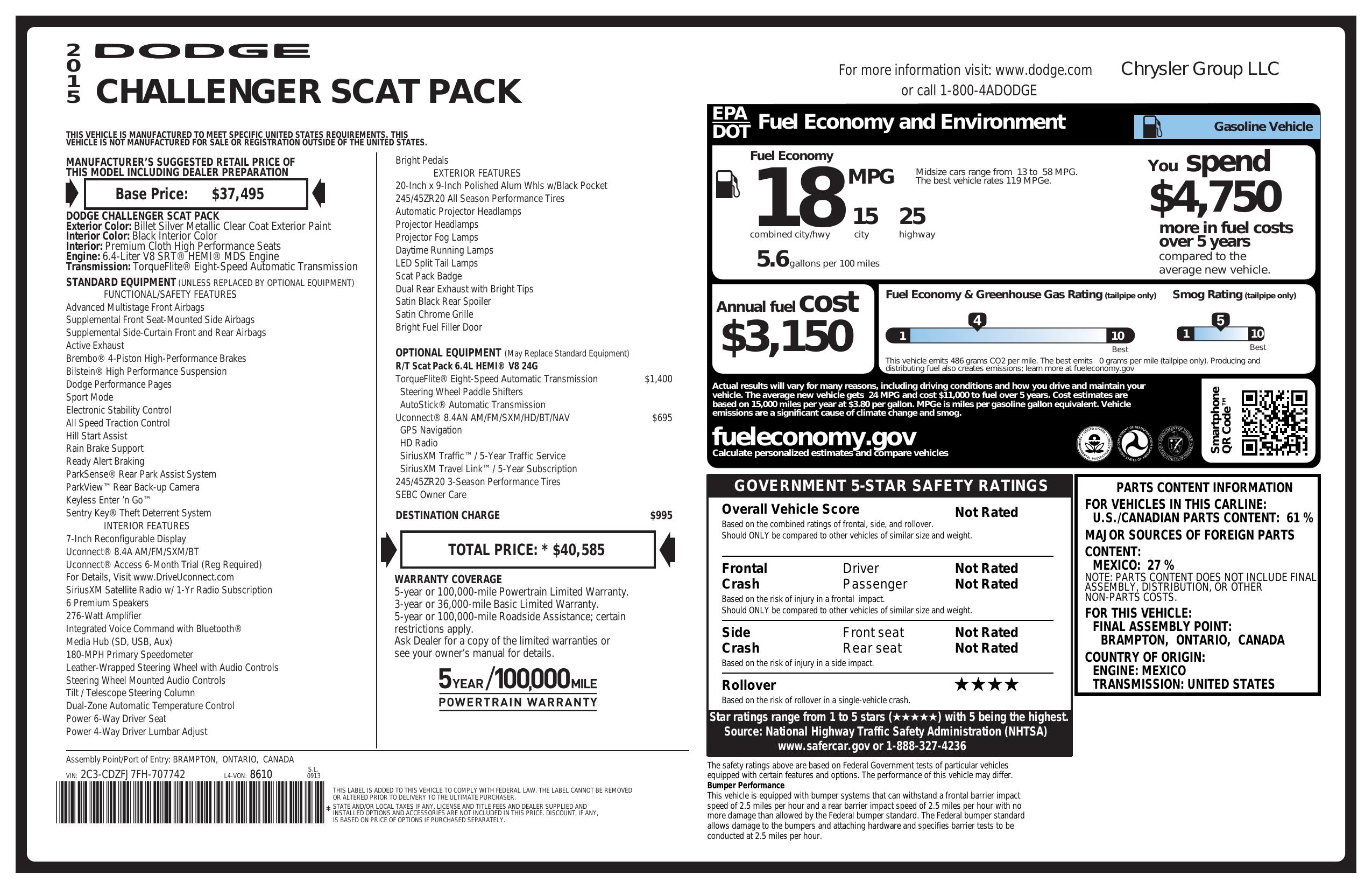 Window Sticker for 2015 Dodge Challenger 2dr Cpe R/T Scat Pack