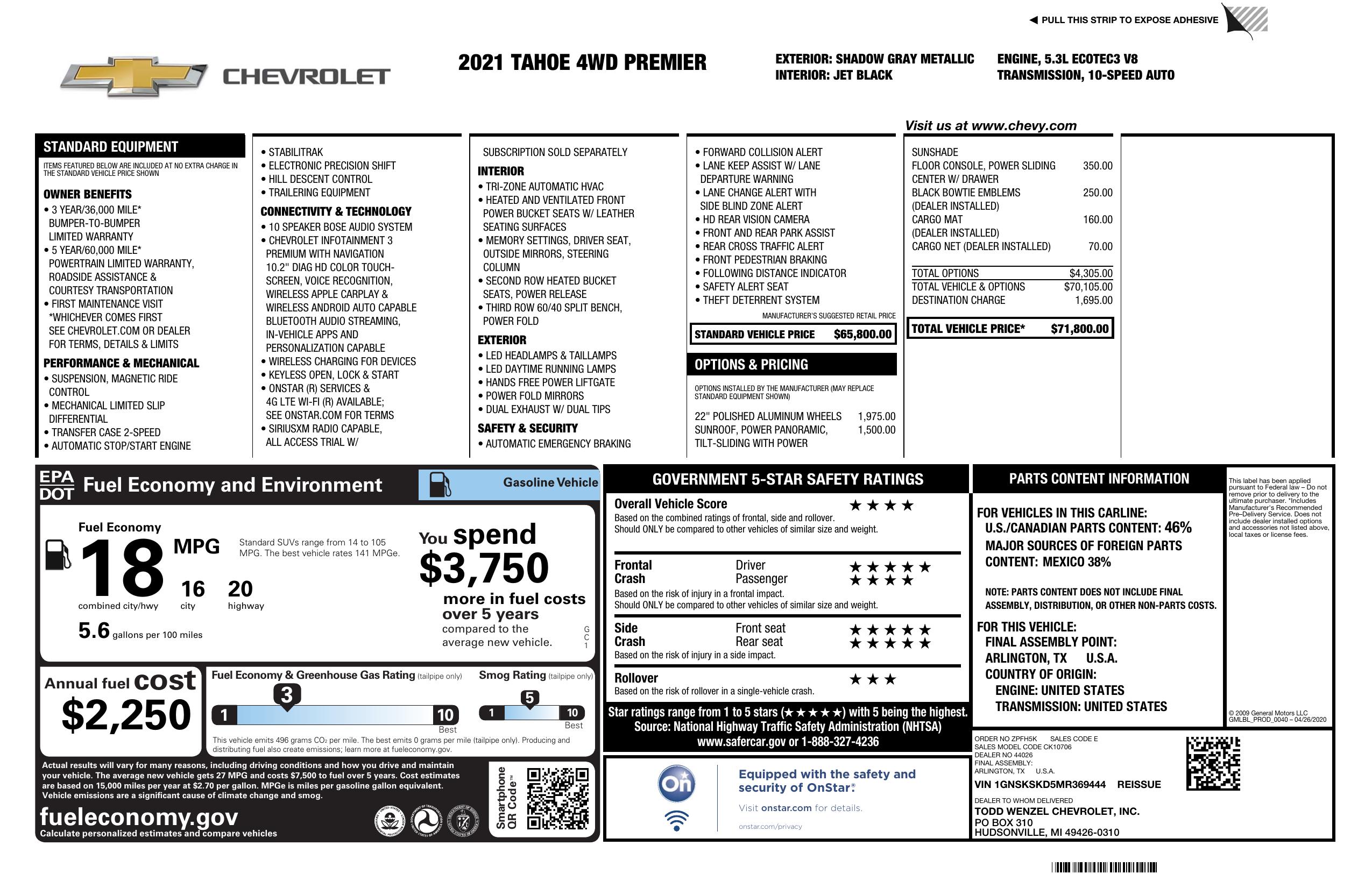 Window Sticker for 2021 Chevrolet Tahoe 4 Wd 4dr Premier