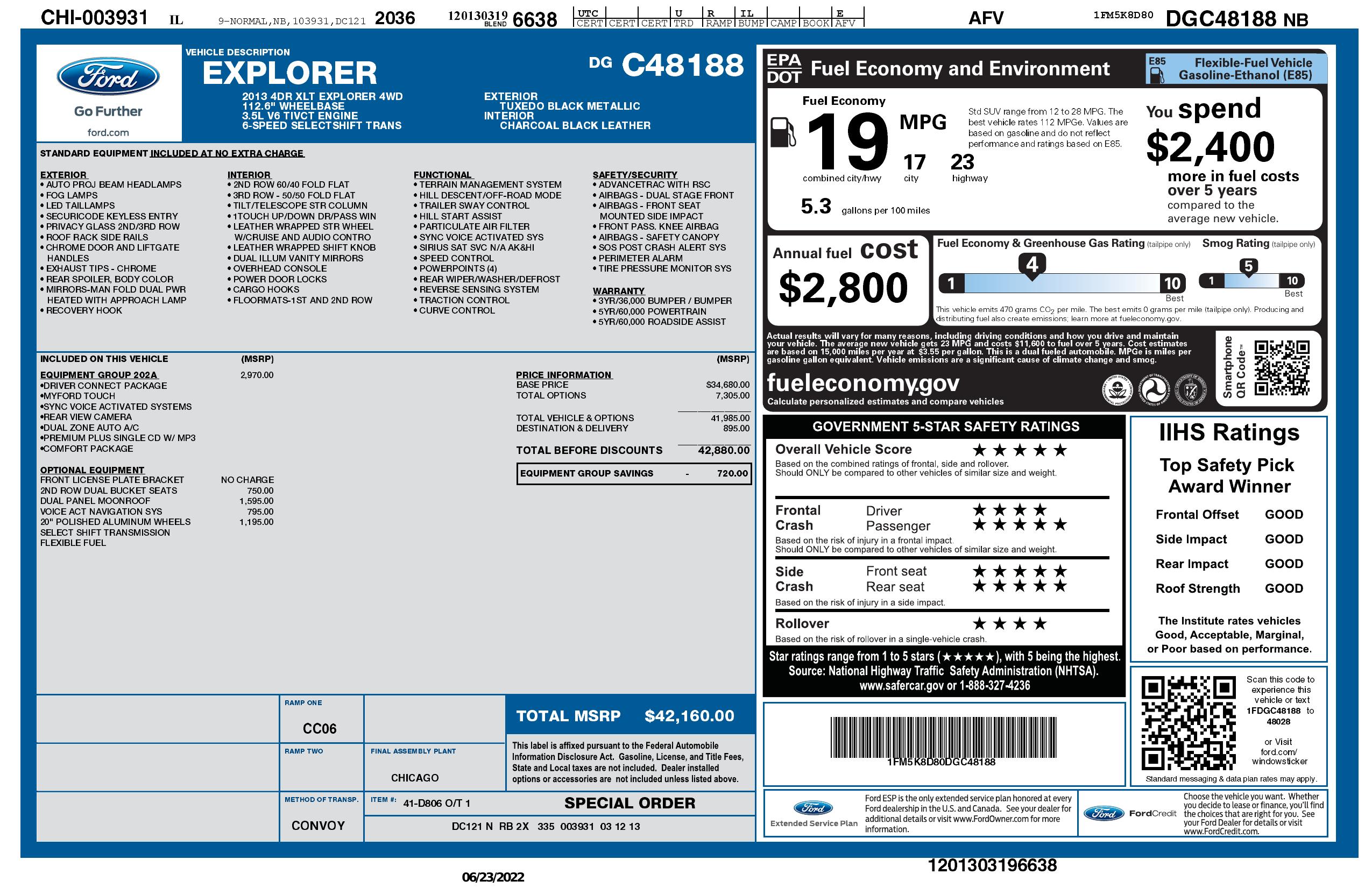 Window Sticker for 2013 Ford Explorer 4 Wd 4dr Xlt