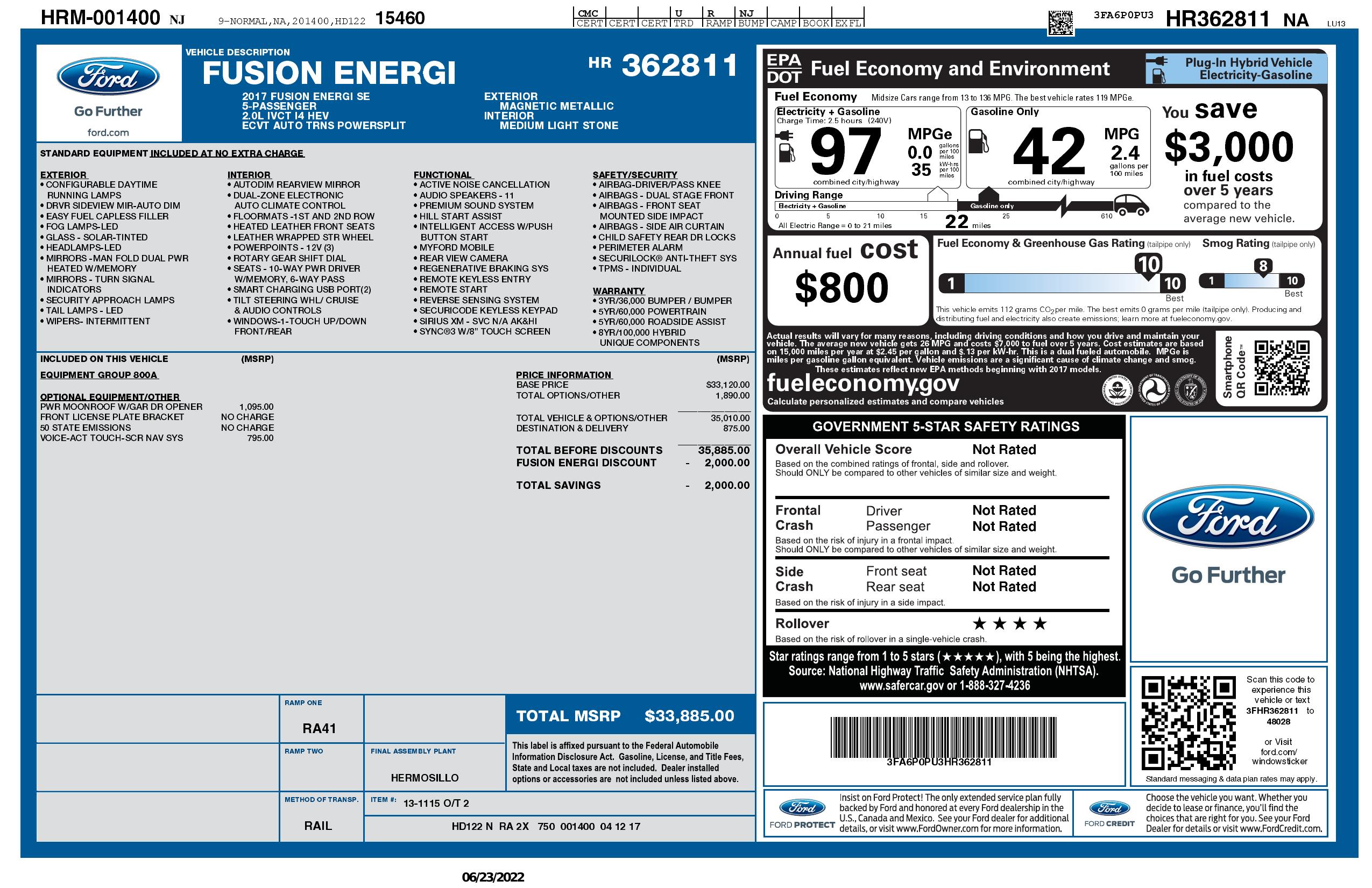 Window Sticker for 2017 Ford Fusion Energi Se Fwd
