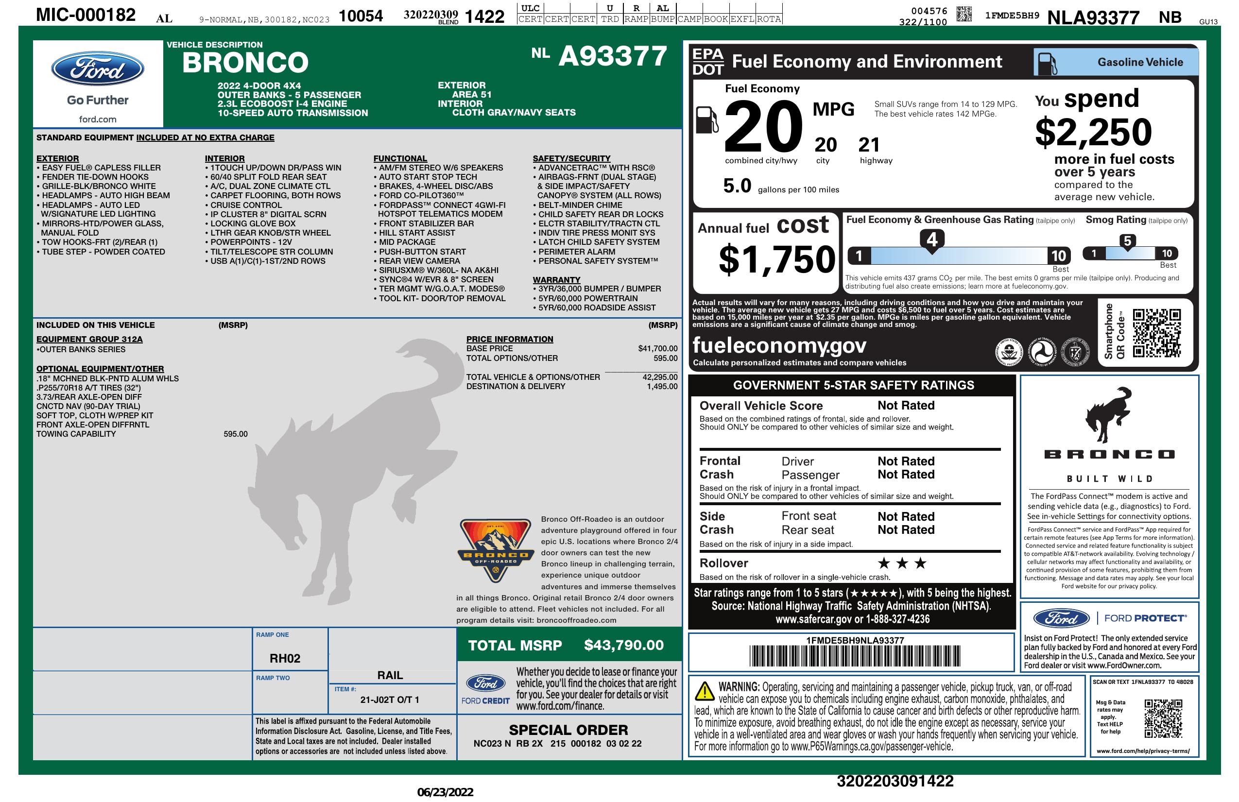 Window Sticker for 2022 Ford Bronco 4 Door 4x4