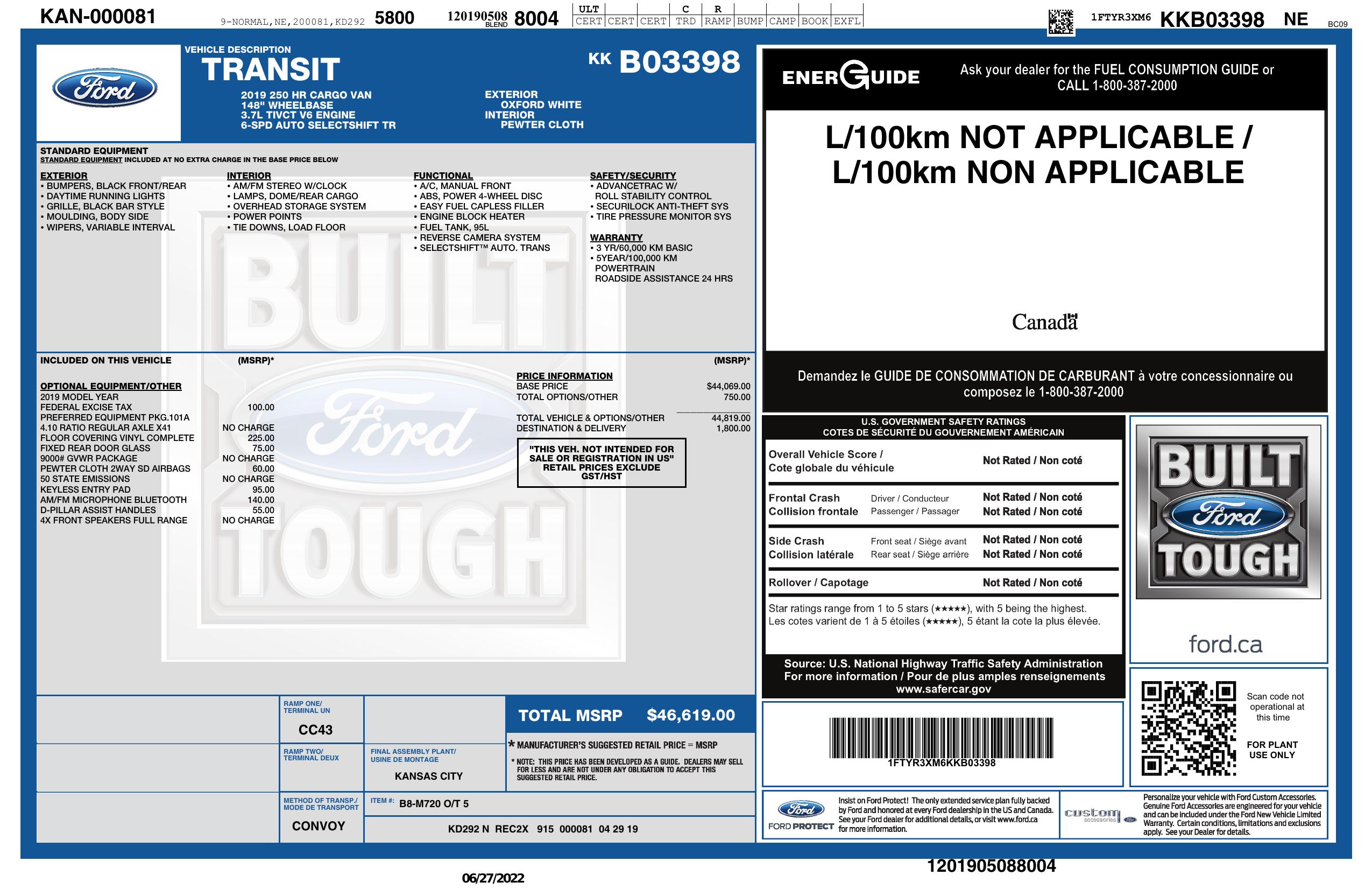 Window Sticker for 2019 Ford Transit Van T 250 148" El Hi Rf 9000 Gvwr ...