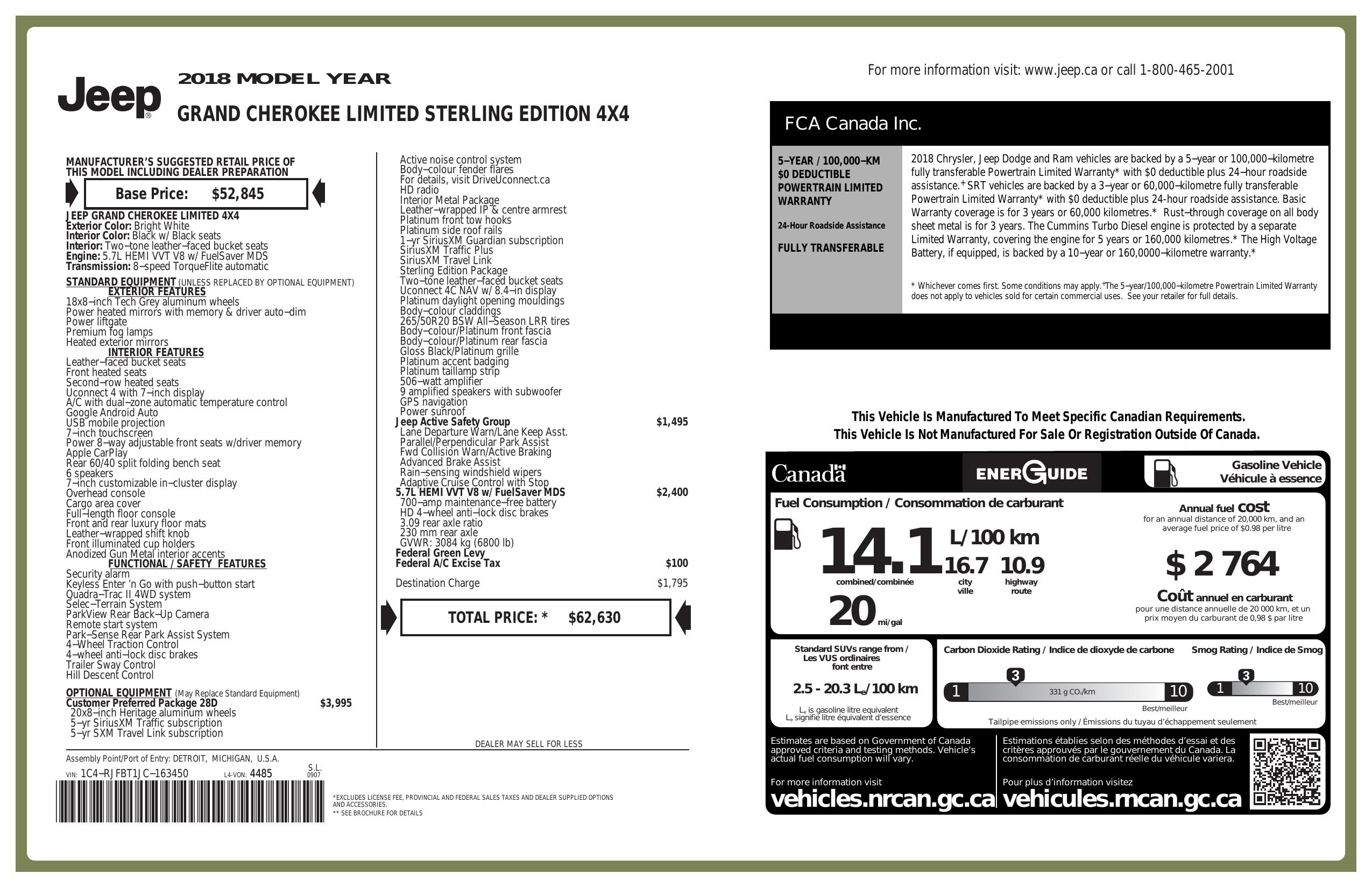 Window Sticker for 2018 Jeep Grand Cherokee 4x4