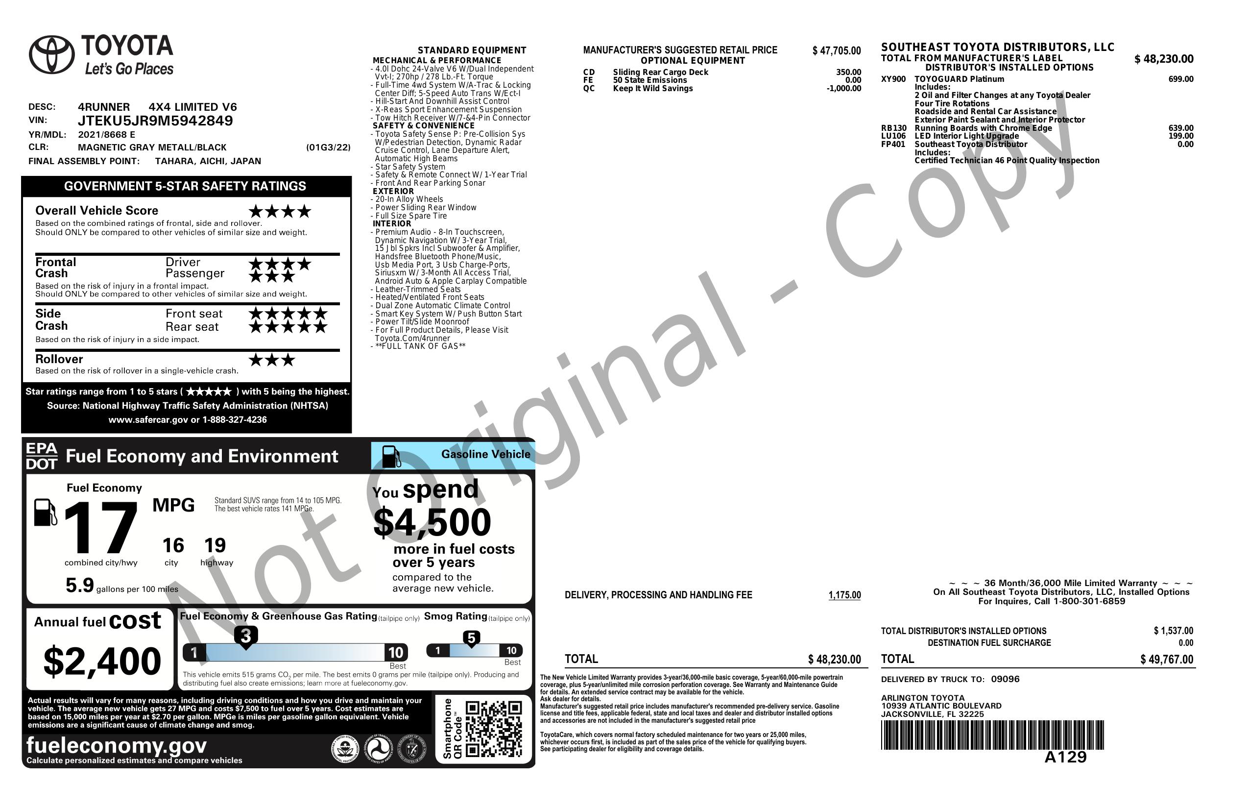 Window Sticker for 2021 Toyota 4 Runner Limited 4 Wd (Natl)