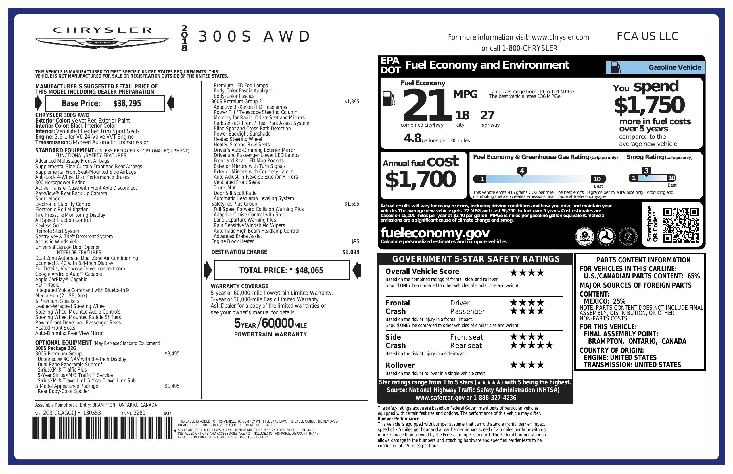 Window Sticker for 2018 Chrysler 300 300 S Awd