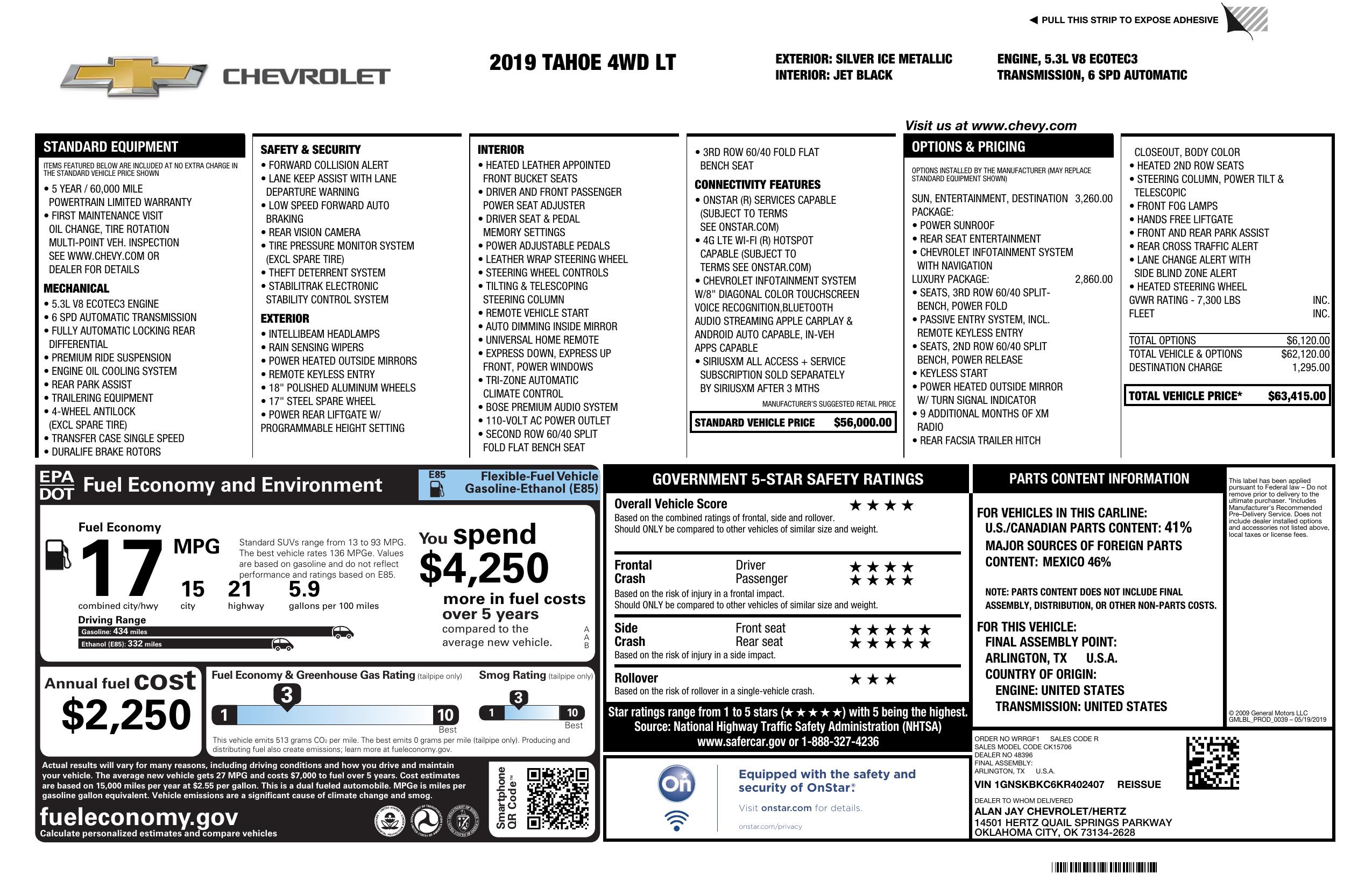 Window Sticker for 2019 Chevrolet Tahoe 4 Wd 4dr Lt