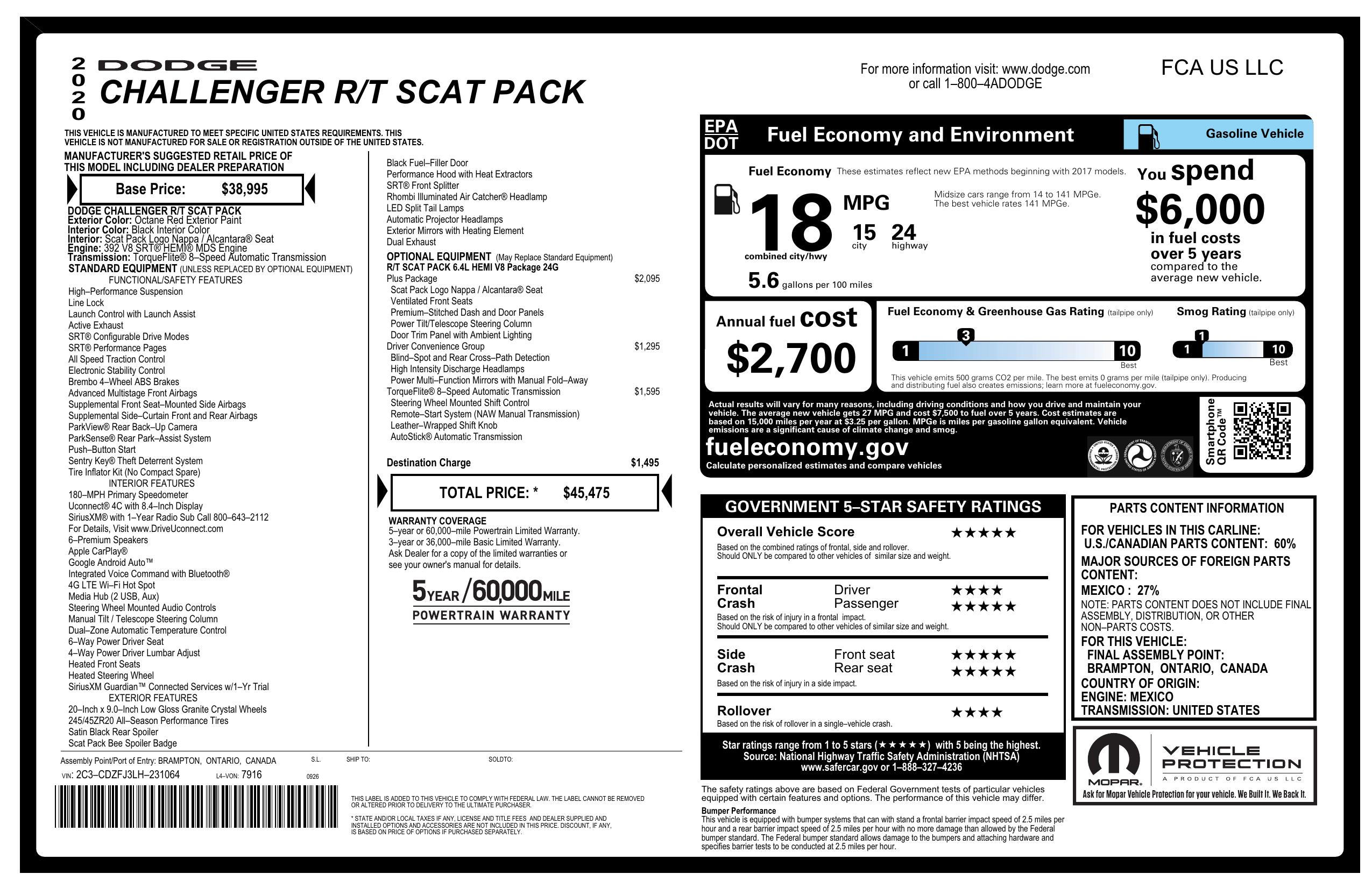 Window Sticker for 2020 Dodge Challenger R/T Scat Pack Rwd