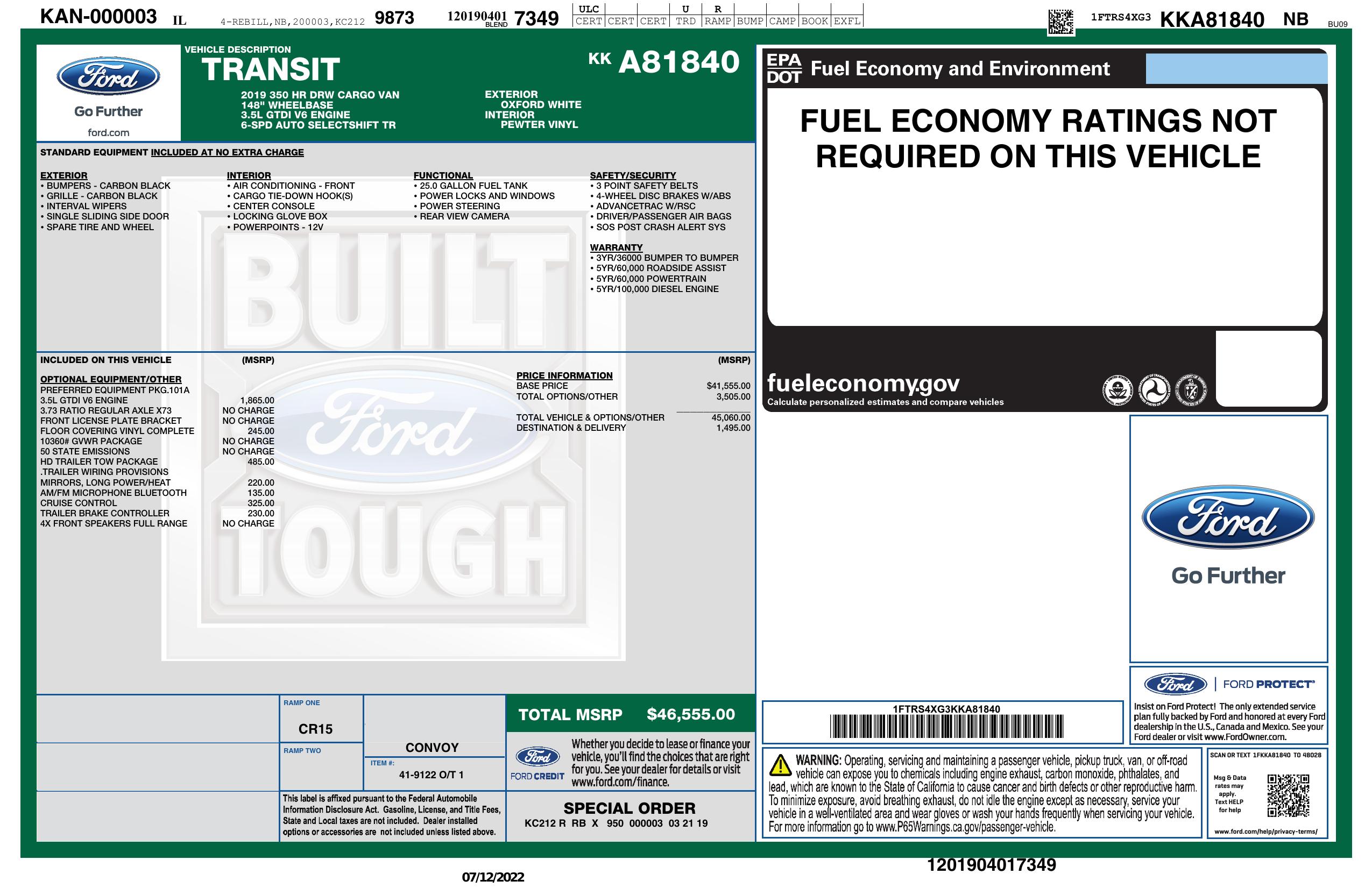 Window Sticker for 2019 Ford Transit Van T 350 Hd 148" El Hi Rf 10360 ...