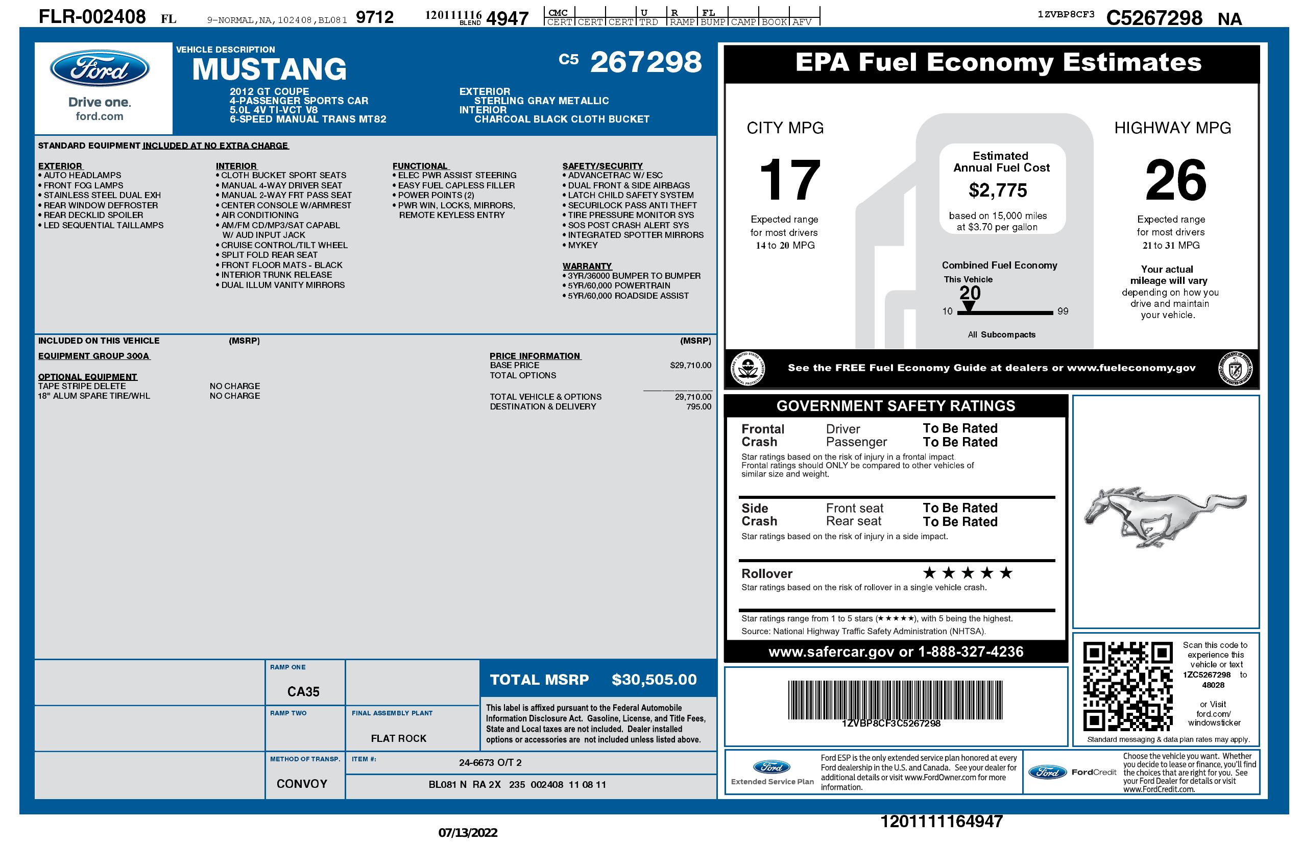 Window Sticker for 2012 Ford Mustang 2dr Cpe Gt