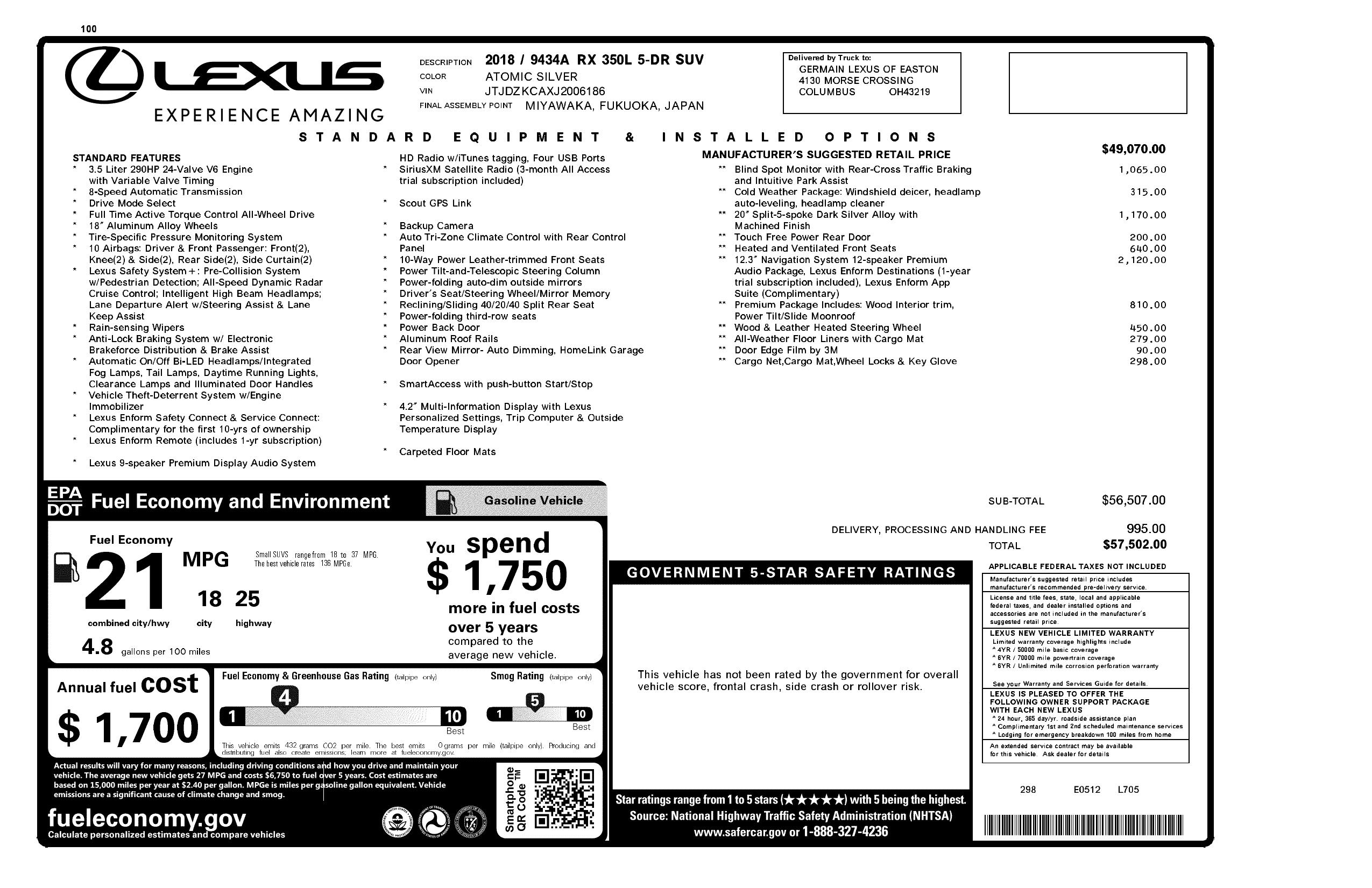 Window Sticker for 2018 Lexus Rx 350 L