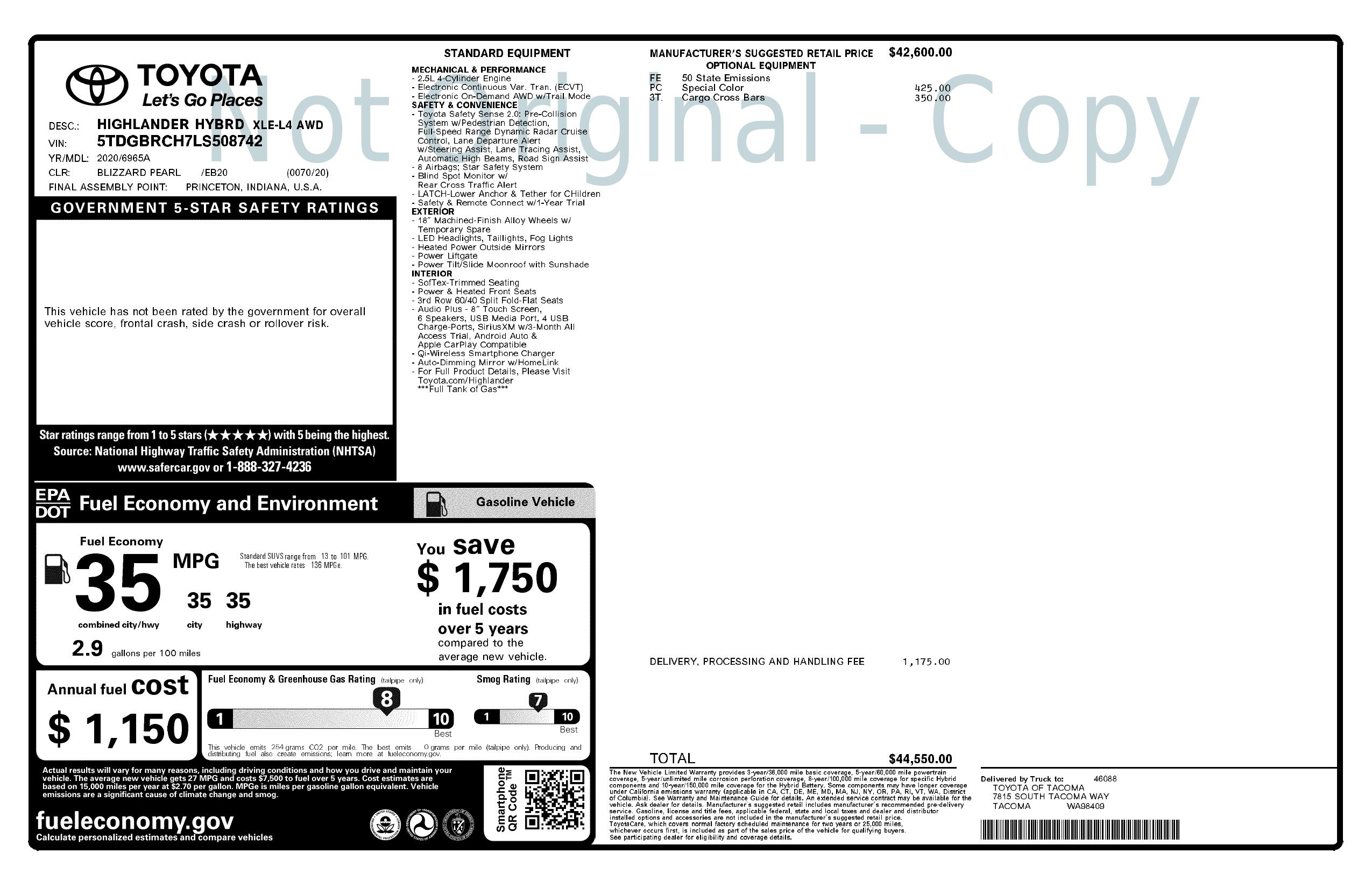 Window Sticker for 2020 Toyota Highlander Hybrid Xle Awd (Natl)
