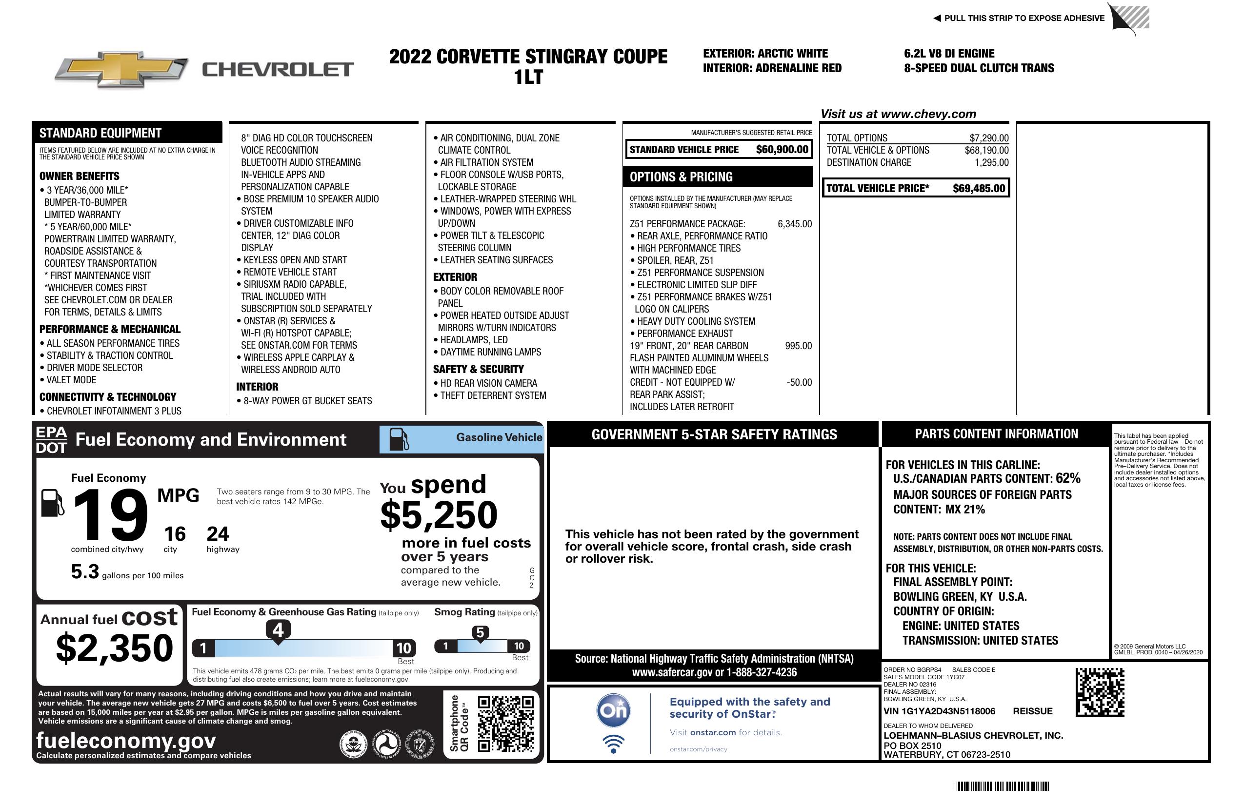 Window Sticker for 2022 Chevrolet Corvette 2dr Stingray Cpe W/1 Lt