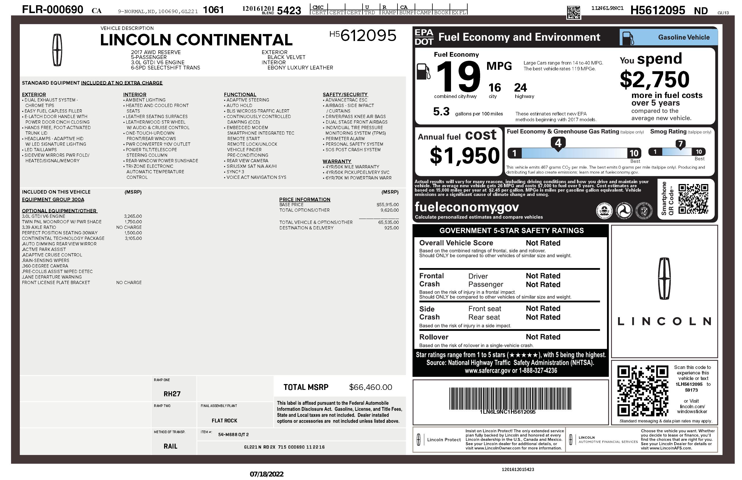 Window Sticker for 2017 Lincoln Continental Reserve Awd