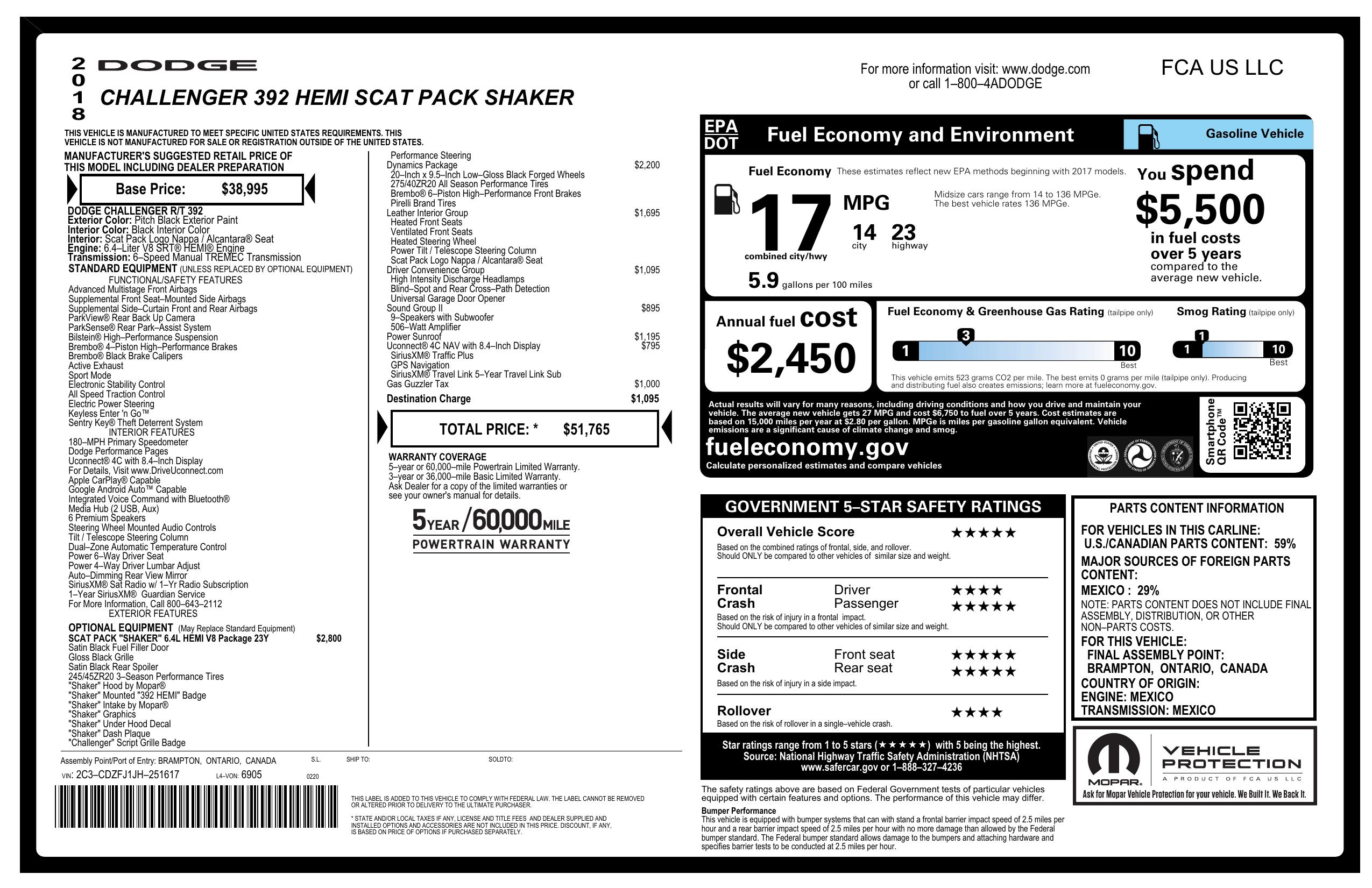 Window Sticker for 2018 Dodge Challenger 392 Hemi Scat Pack Shaker Rwd