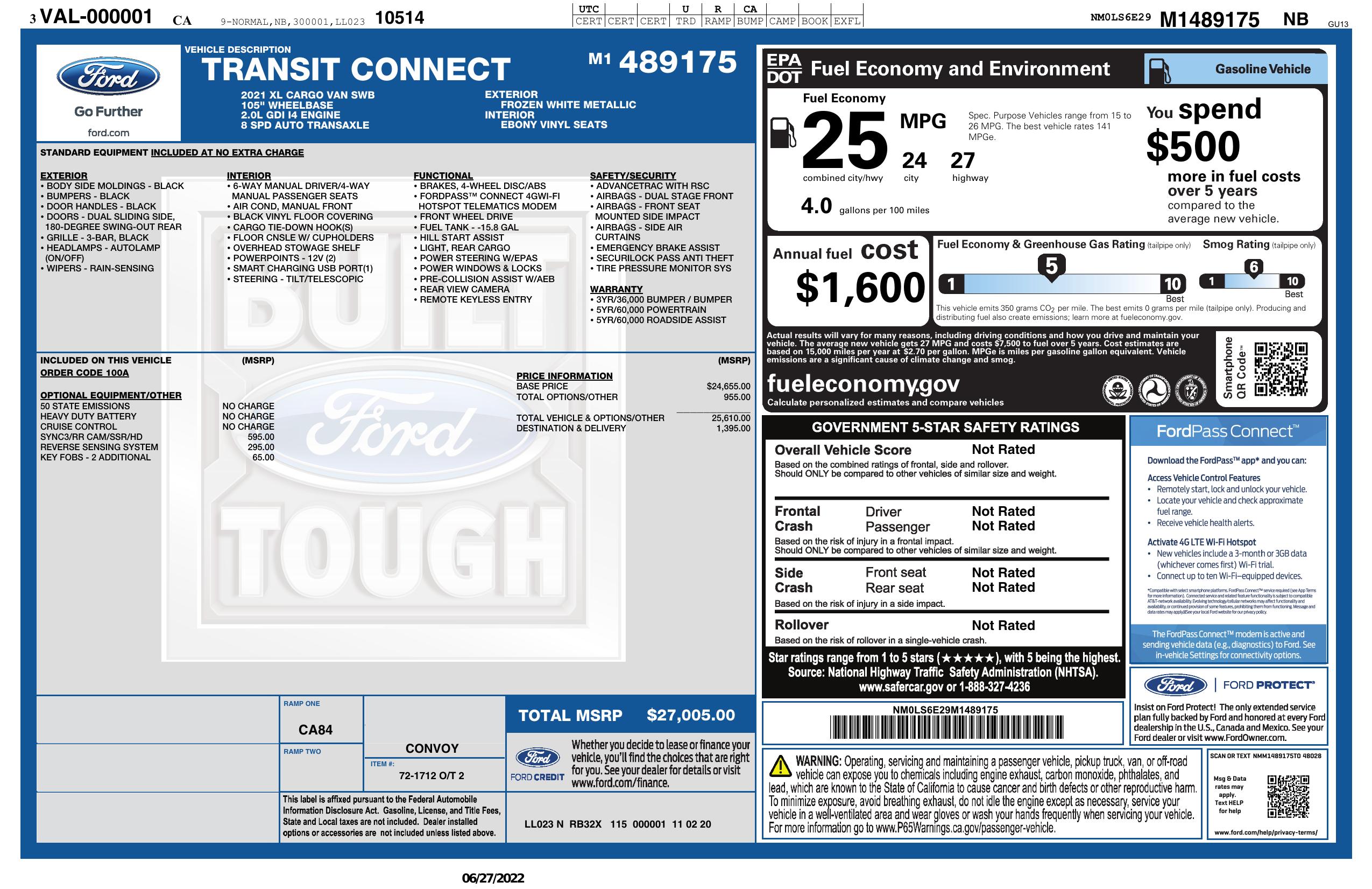 Window Sticker for 2021 Ford Transit Connect Van Xl Swb W/Rear ...