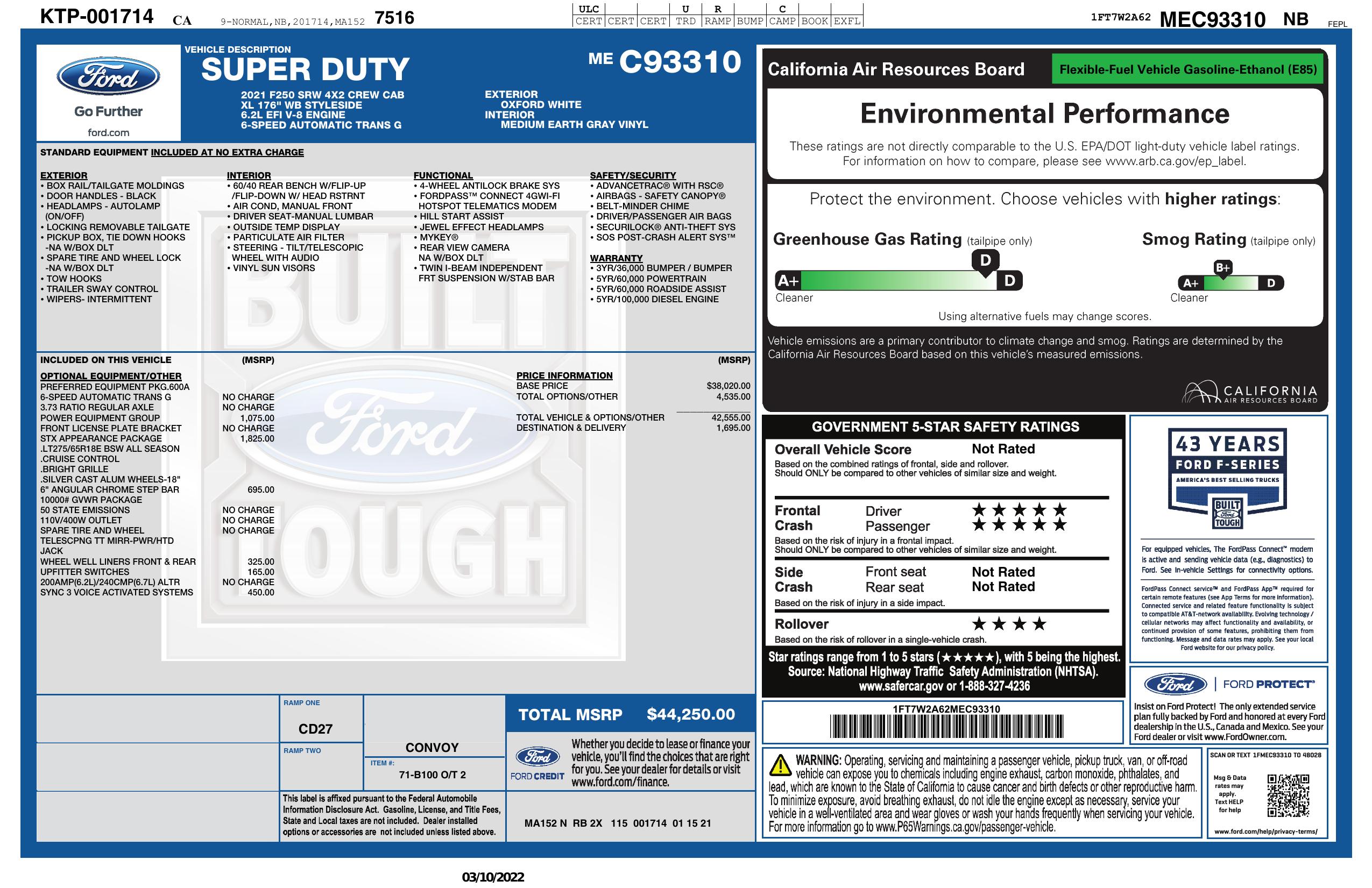 Window Sticker for 2021 Ford Super Duty F 250 Srw 2 Wd Crew Cab Box
