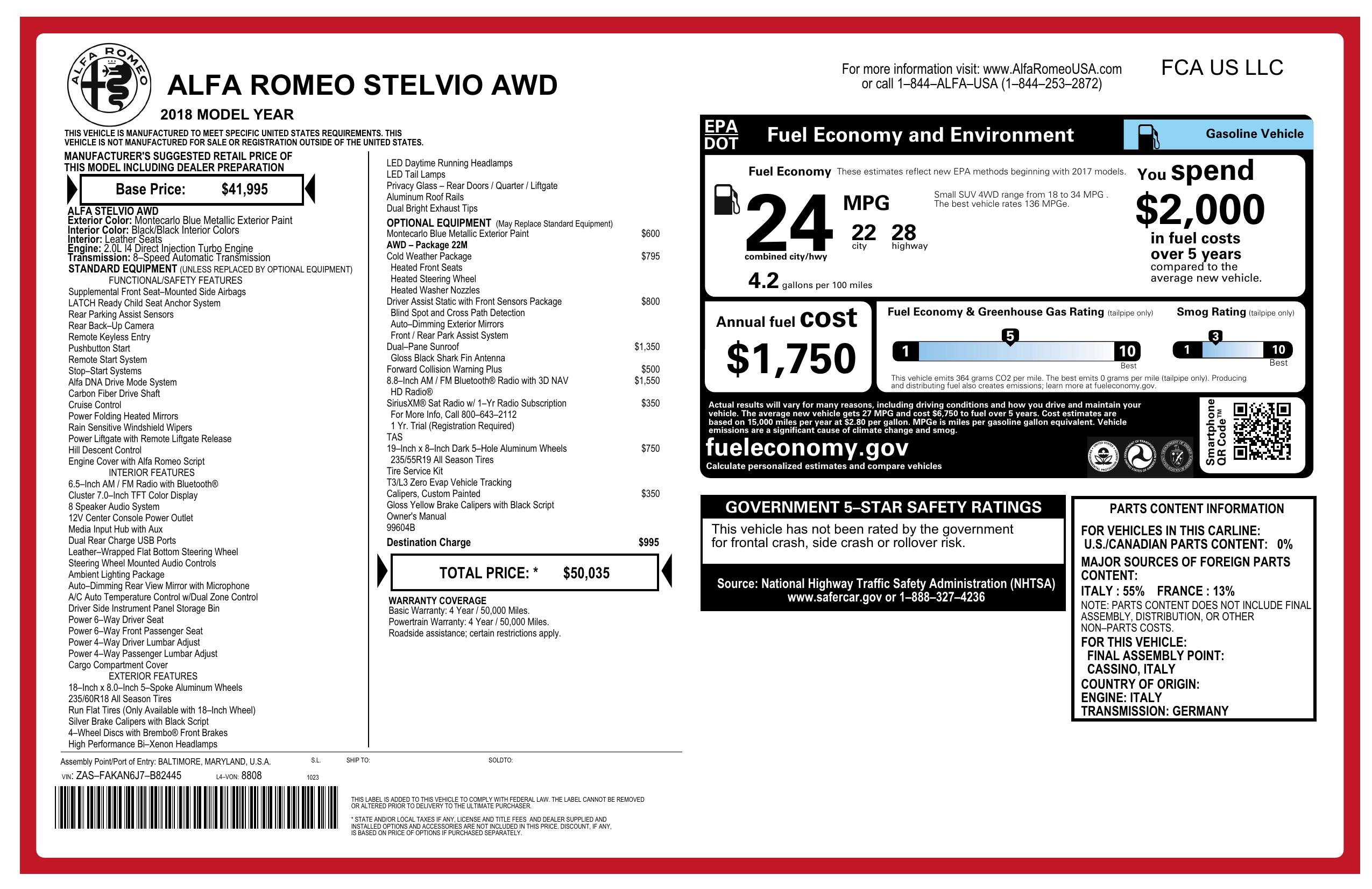 Window Sticker for 2018 Alfa Romeo Stelvio Awd