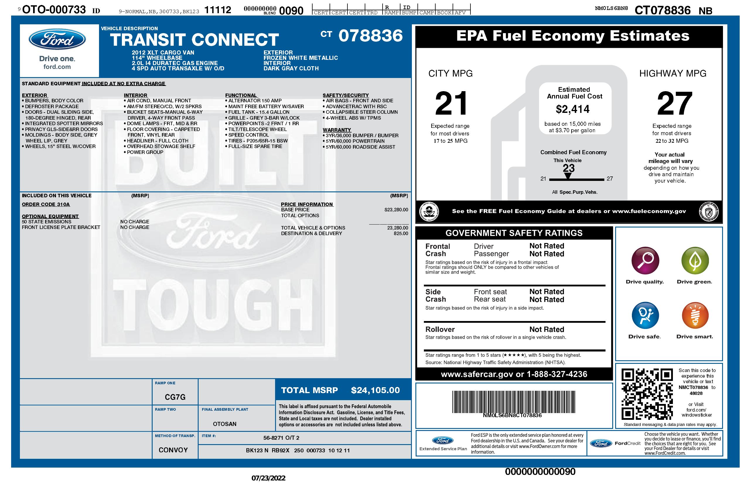 Window Sticker for 2012 Ford Transit Connect 114.6" Xlt W/Side & Rear ...