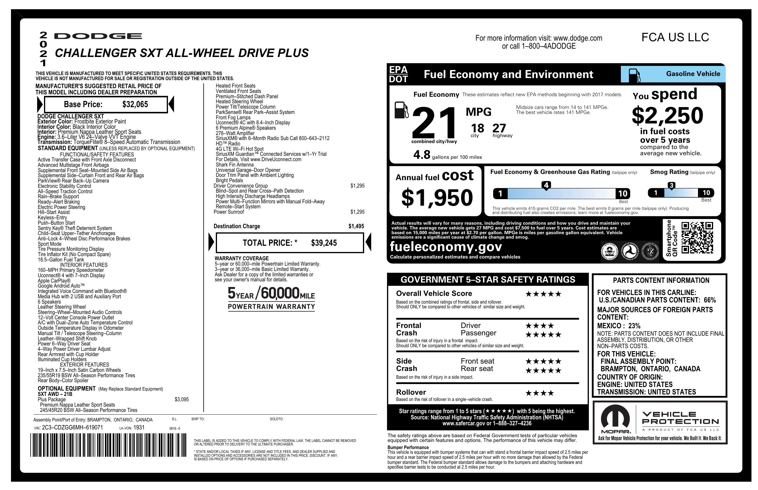 Window Sticker for 2021 Dodge Challenger Sxt Awd