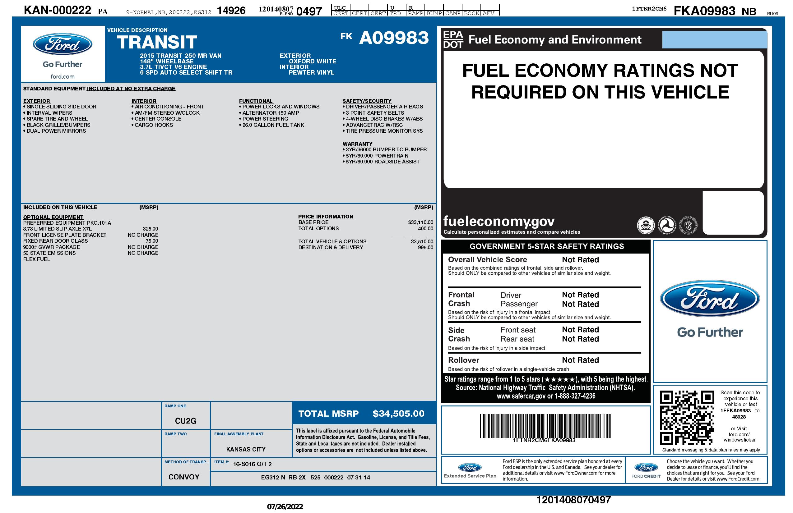 Window Sticker for 2015 Ford Transit Cargo Van T 250 148" Med Rf 9000 ...