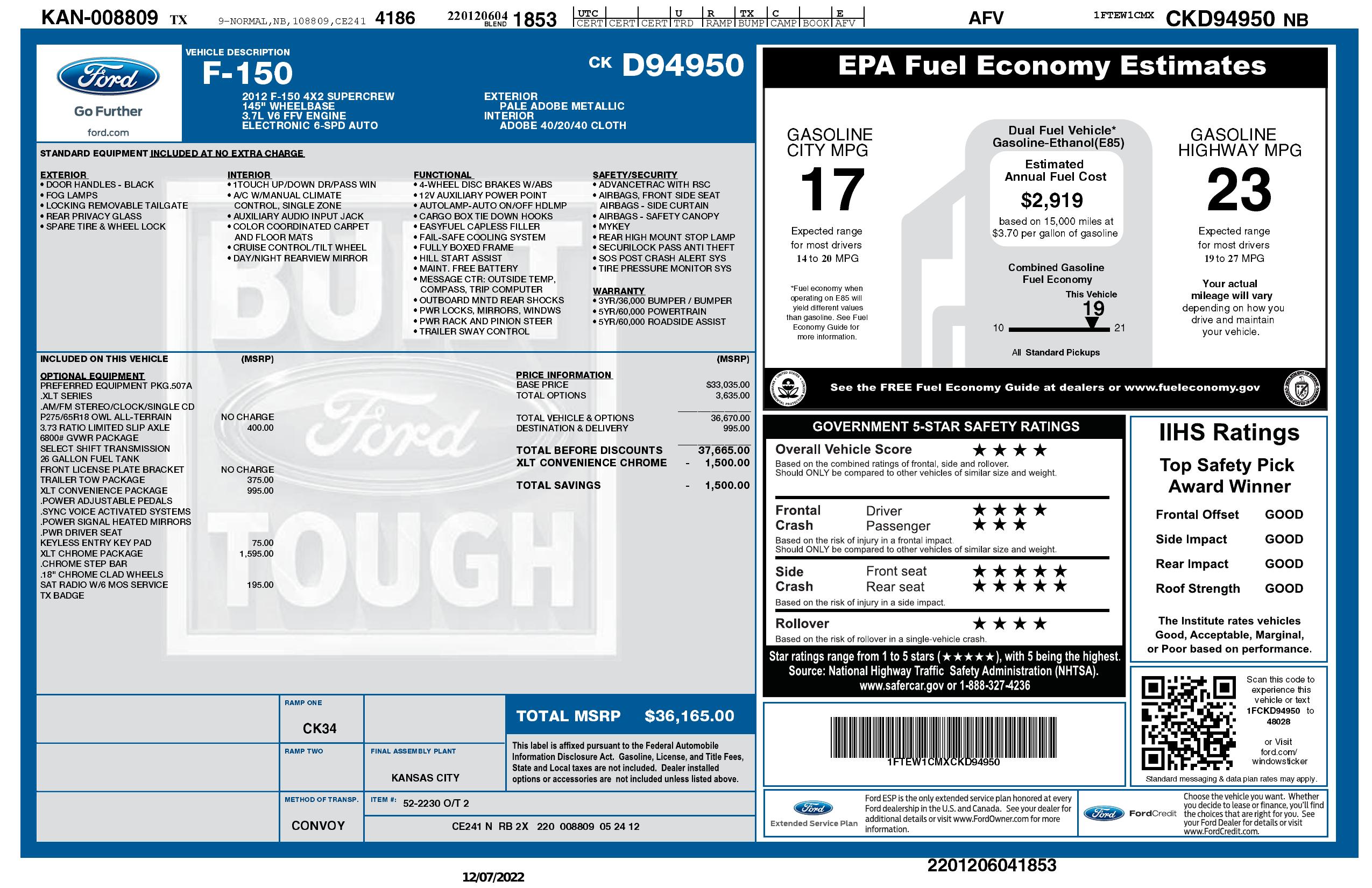 Window Sticker for 2012 Ford F 150 2 Wd Super Crew 145"