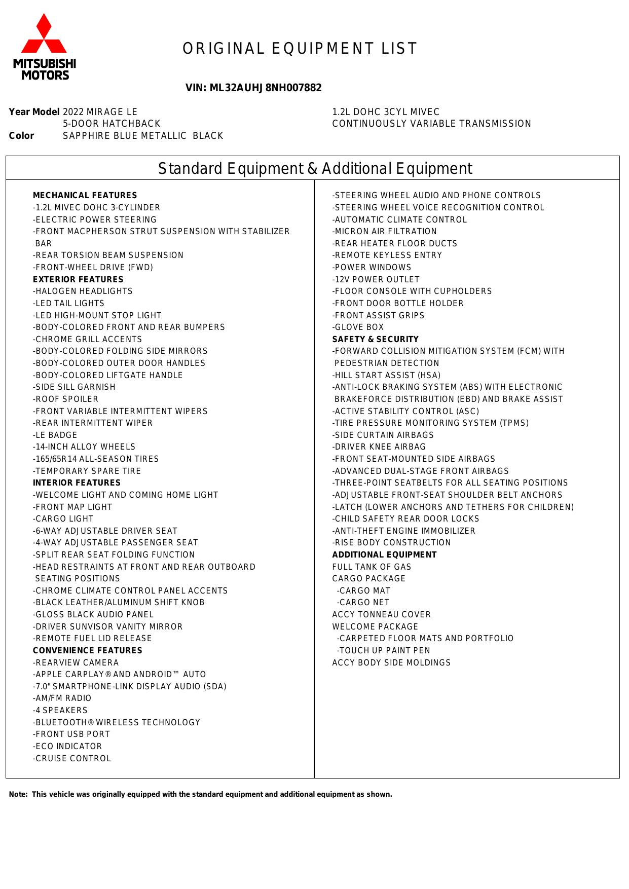 Window Sticker for 2022 Mitsubishi Mirage