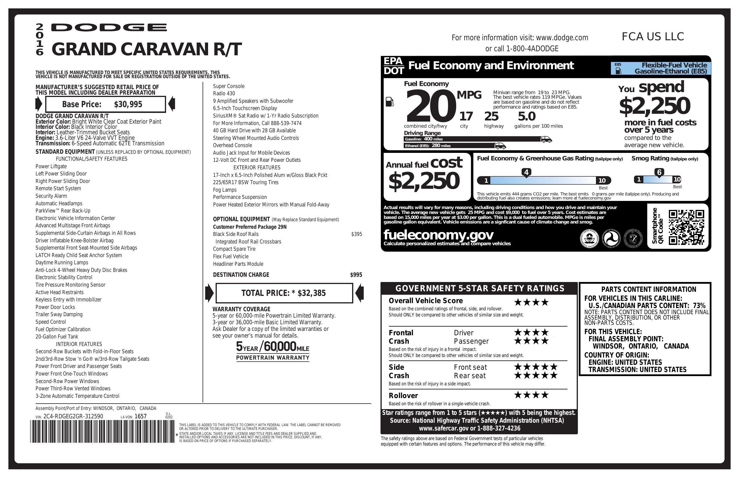 Window Sticker for 2016 Dodge Grand Caravan 4dr Wgn R/T