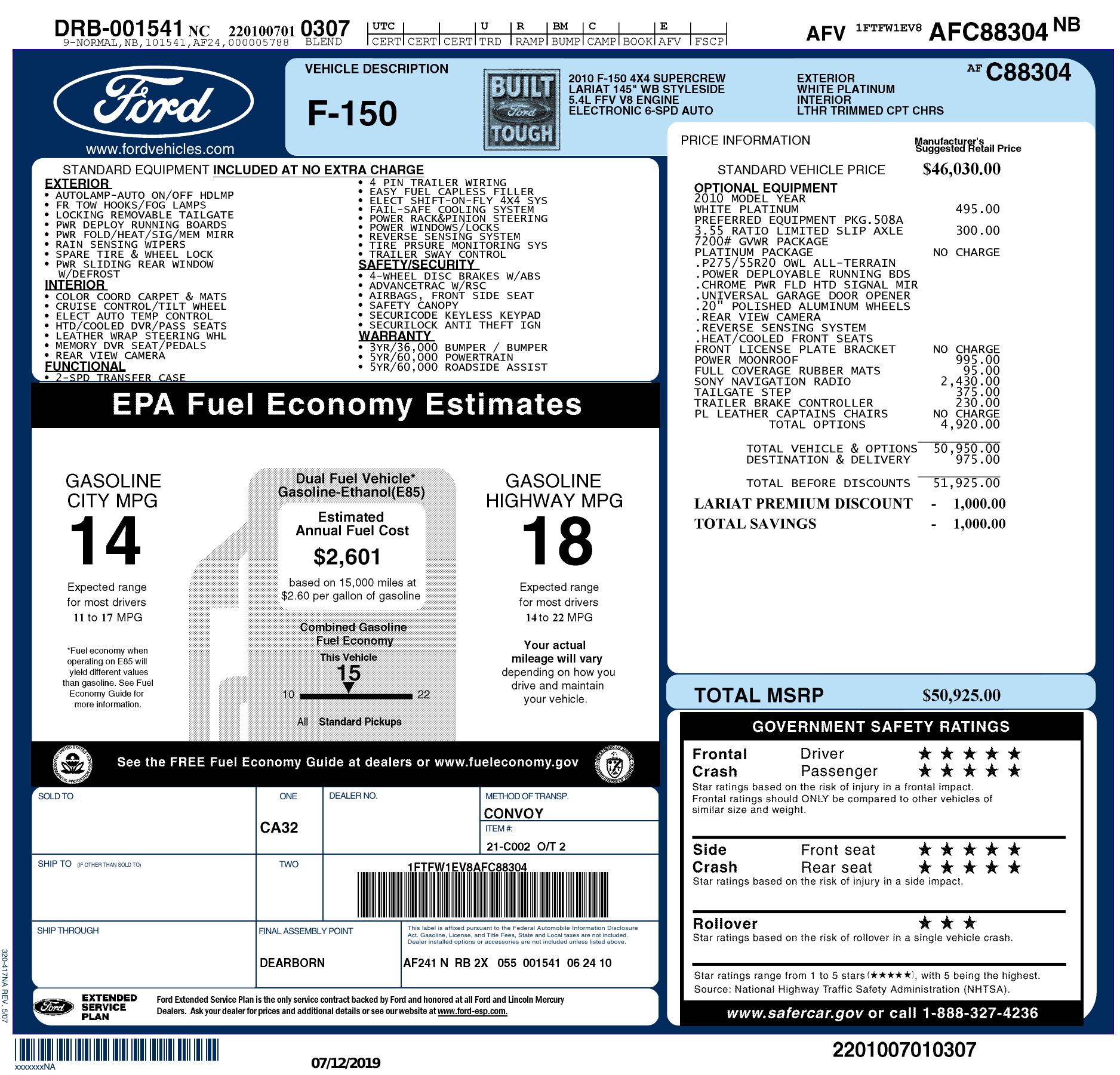 Window Sticker for 2010 Ford F 150