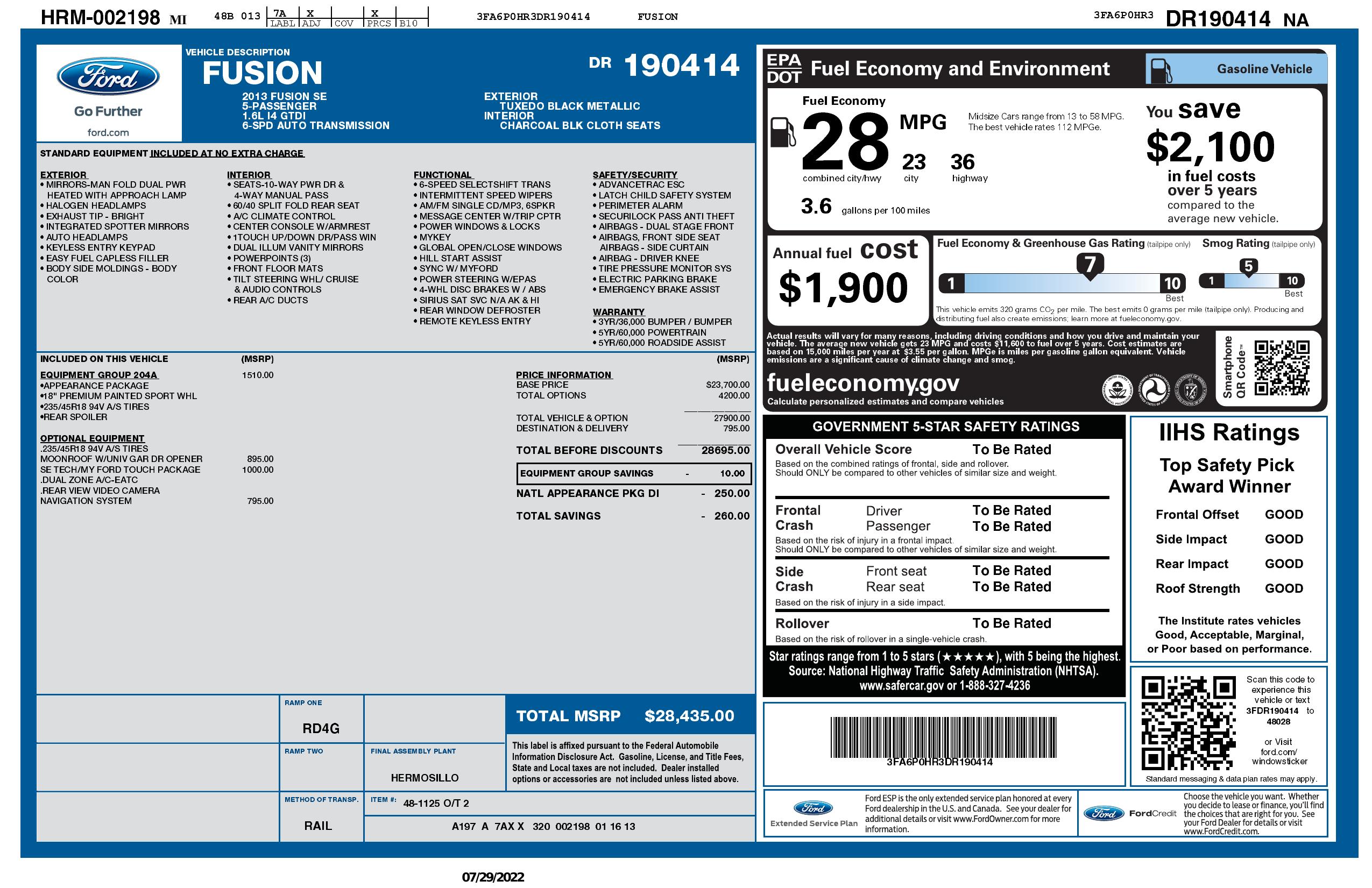 Window Sticker for 2013 Ford Fusion 4dr Sdn Se Fwd