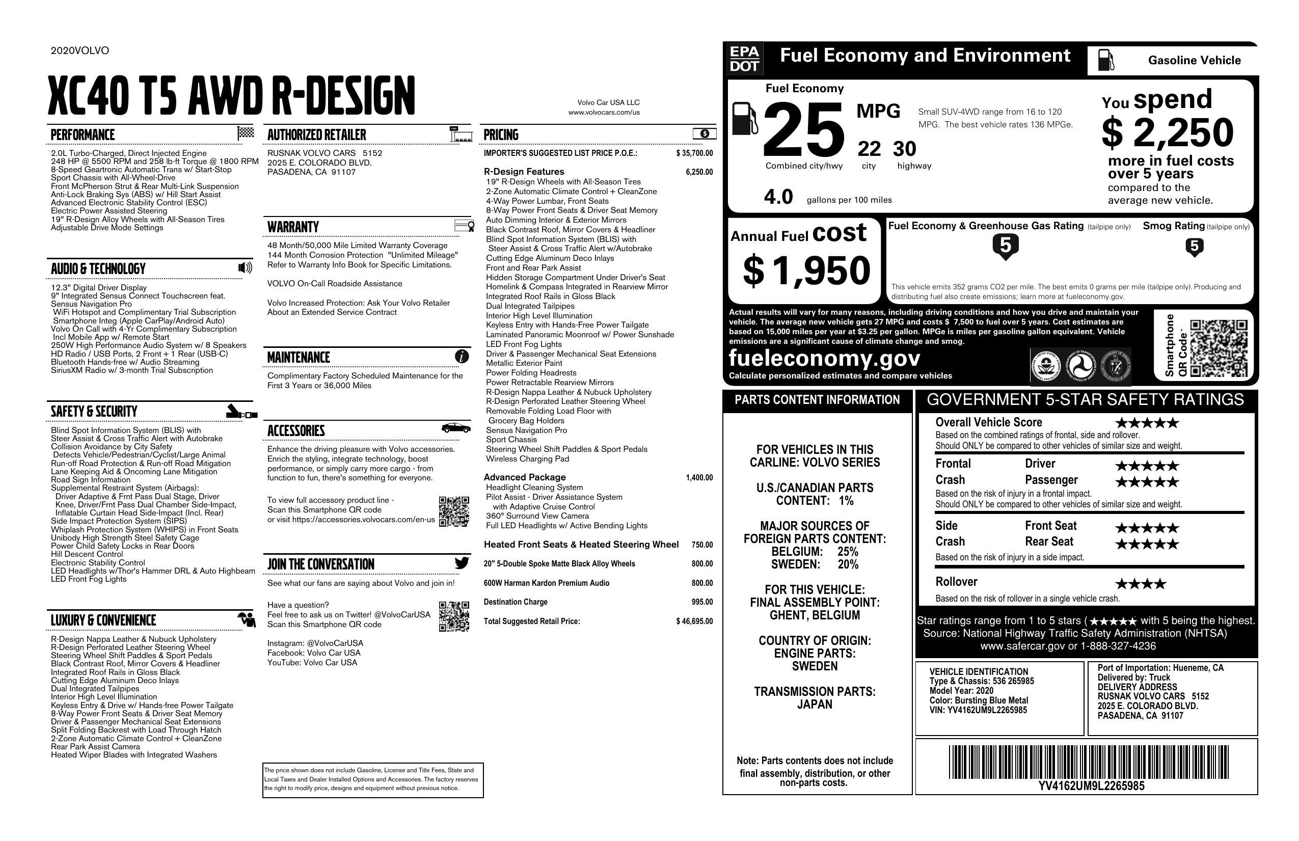 Window Sticker for 2020 Volvo Xc40 T5 Awd R Design