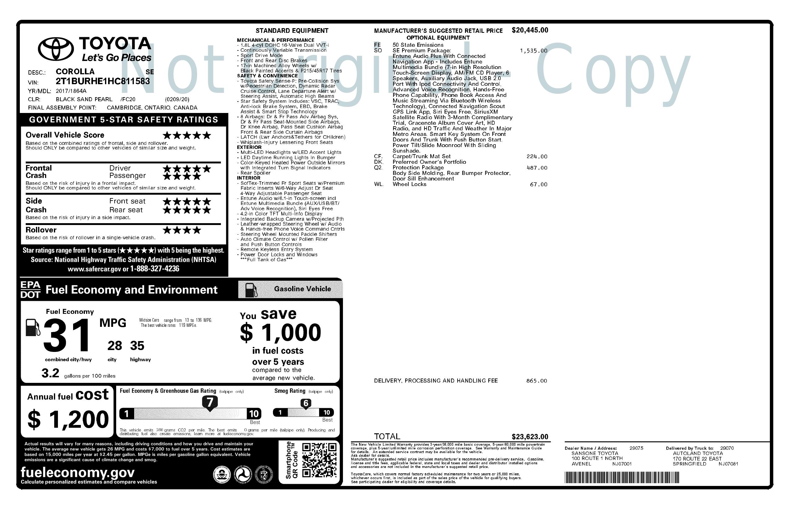 Window Sticker for 2017 Toyota Corolla (Natl)