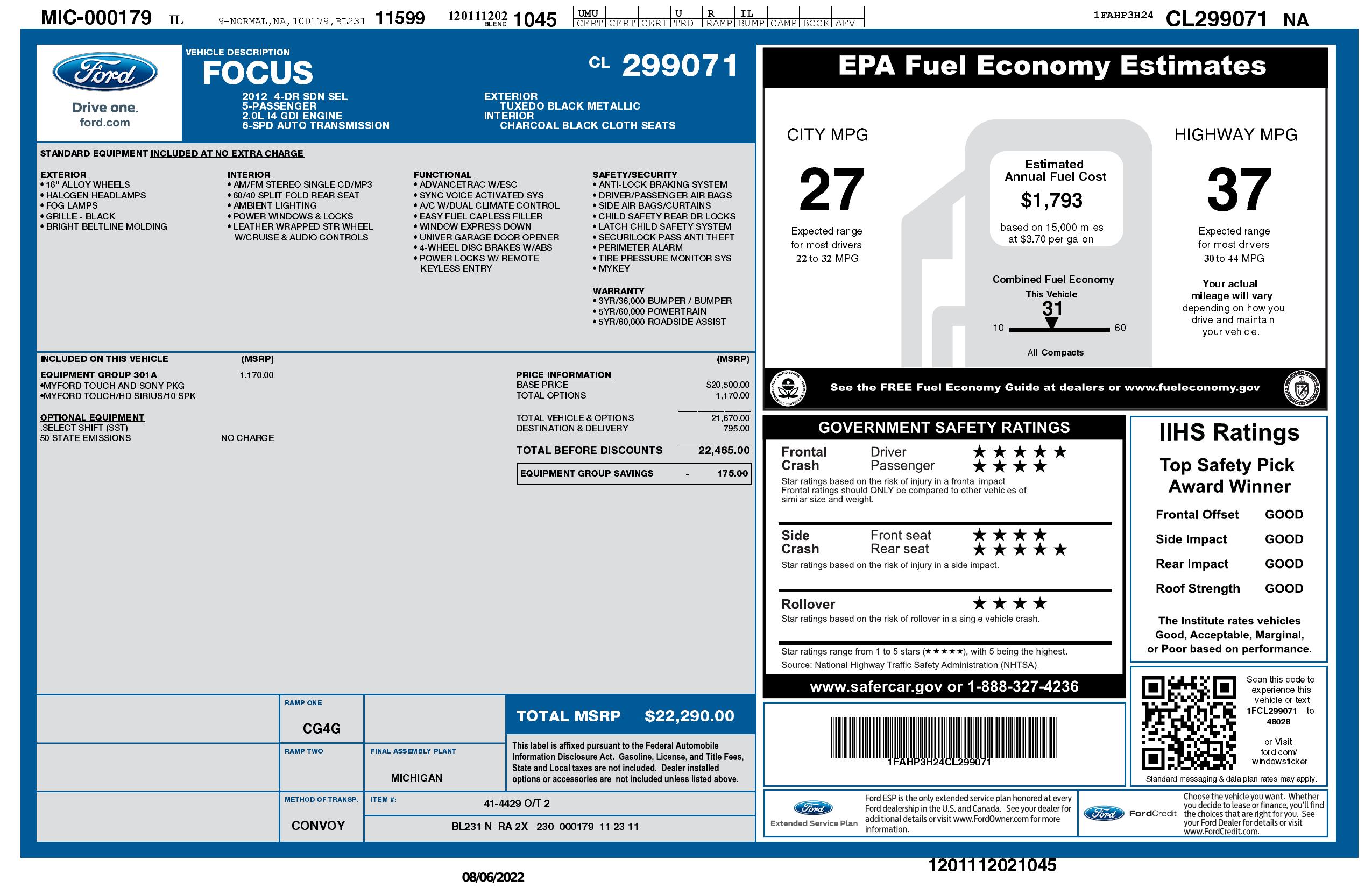 Window Sticker for 2012 Ford Focus 4dr Sdn Sel