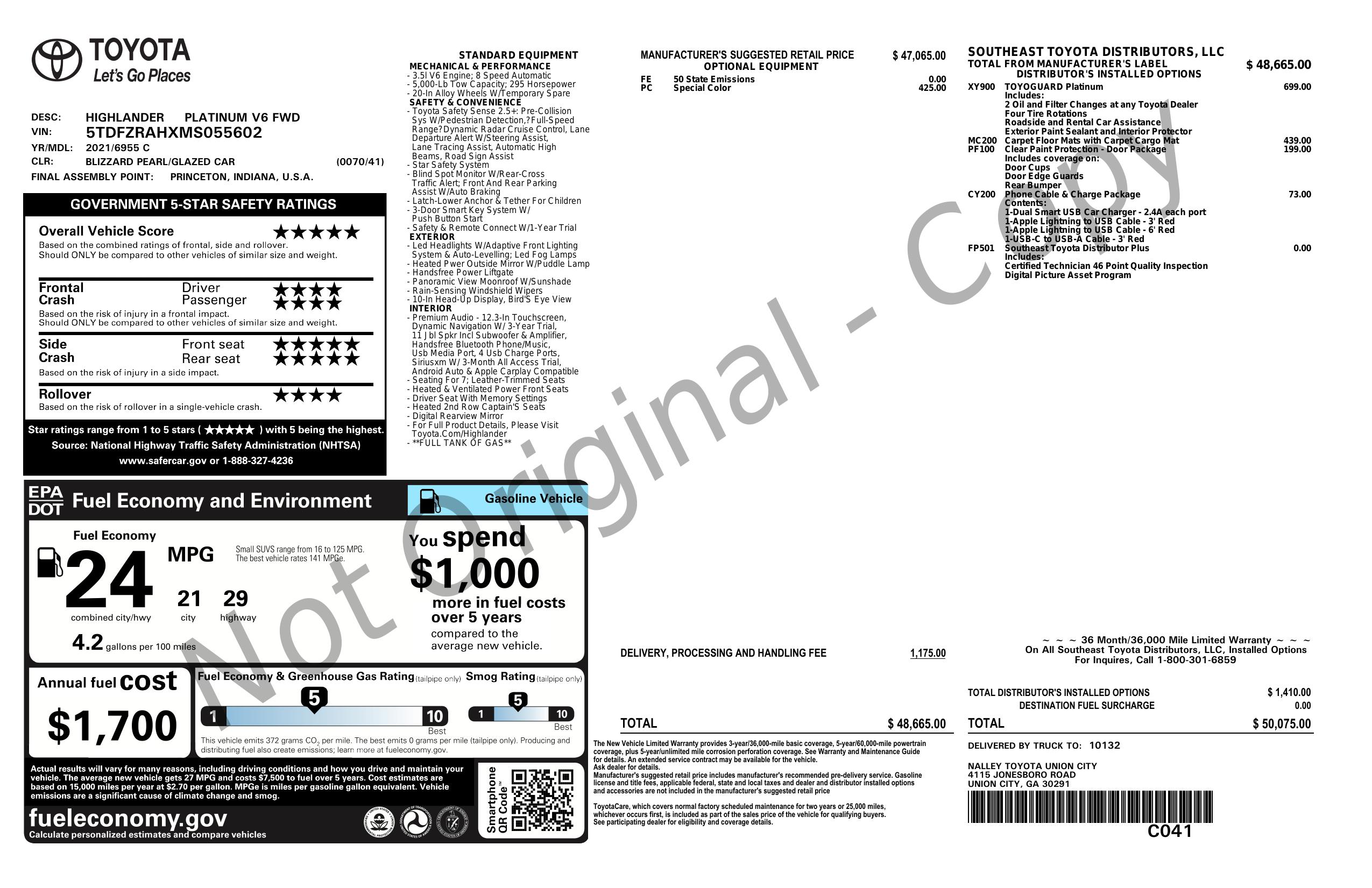 Window Sticker for 2021 Toyota Highlander Platinum Fwd (Natl)