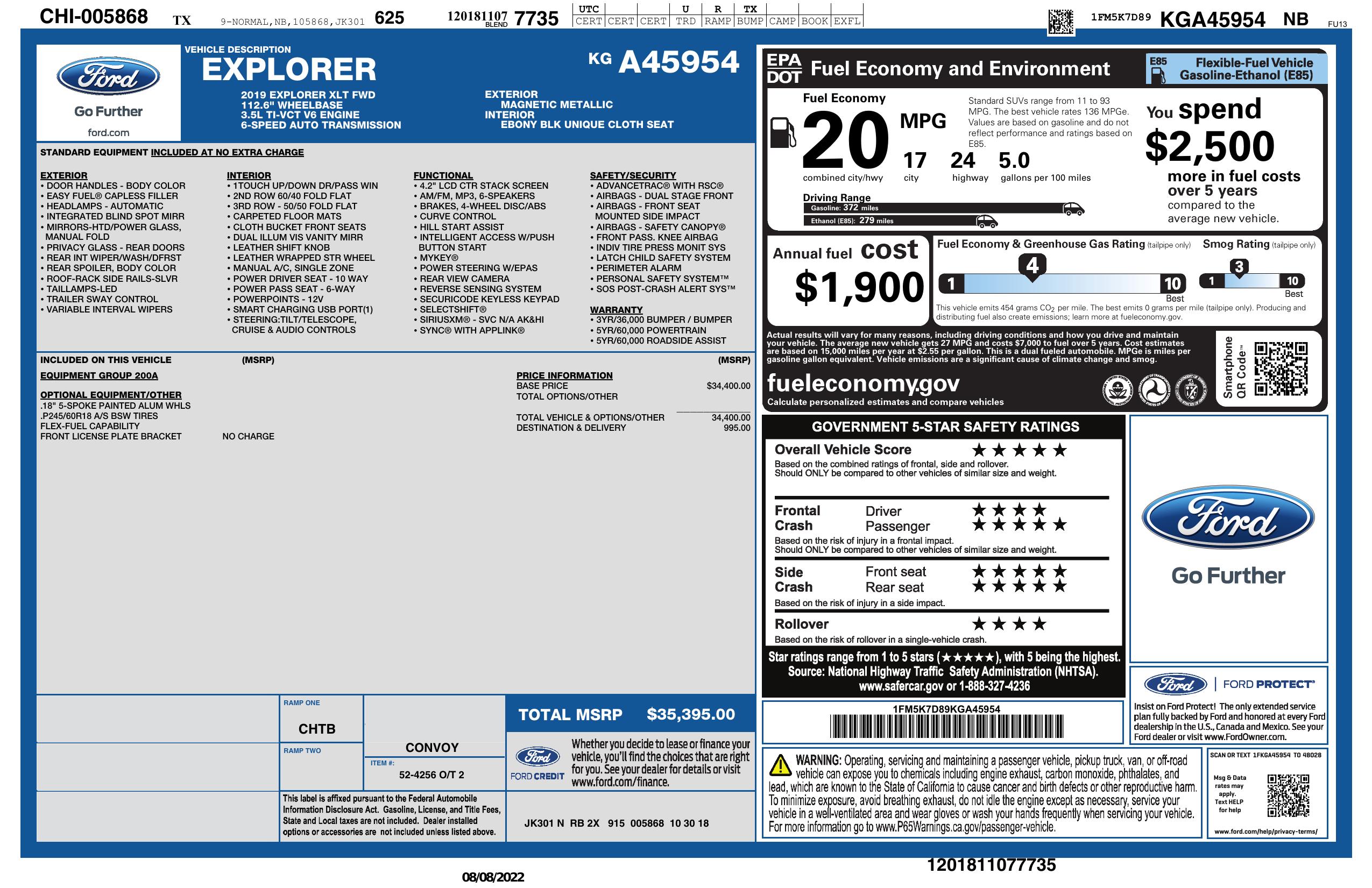 Window Sticker for 2019 Ford Explorer Xlt Fwd