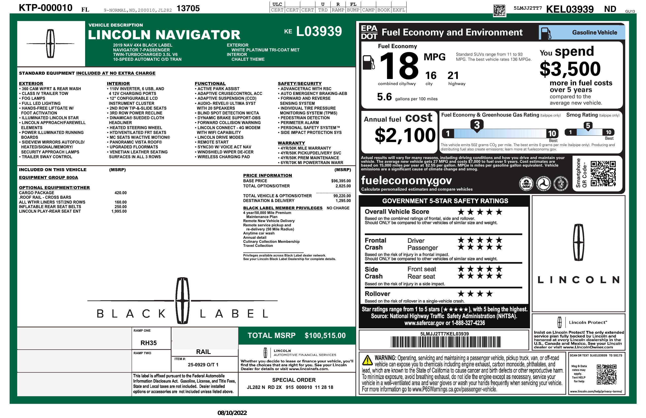 Window Sticker for 2019 Lincoln Navigator Black Label 4x4